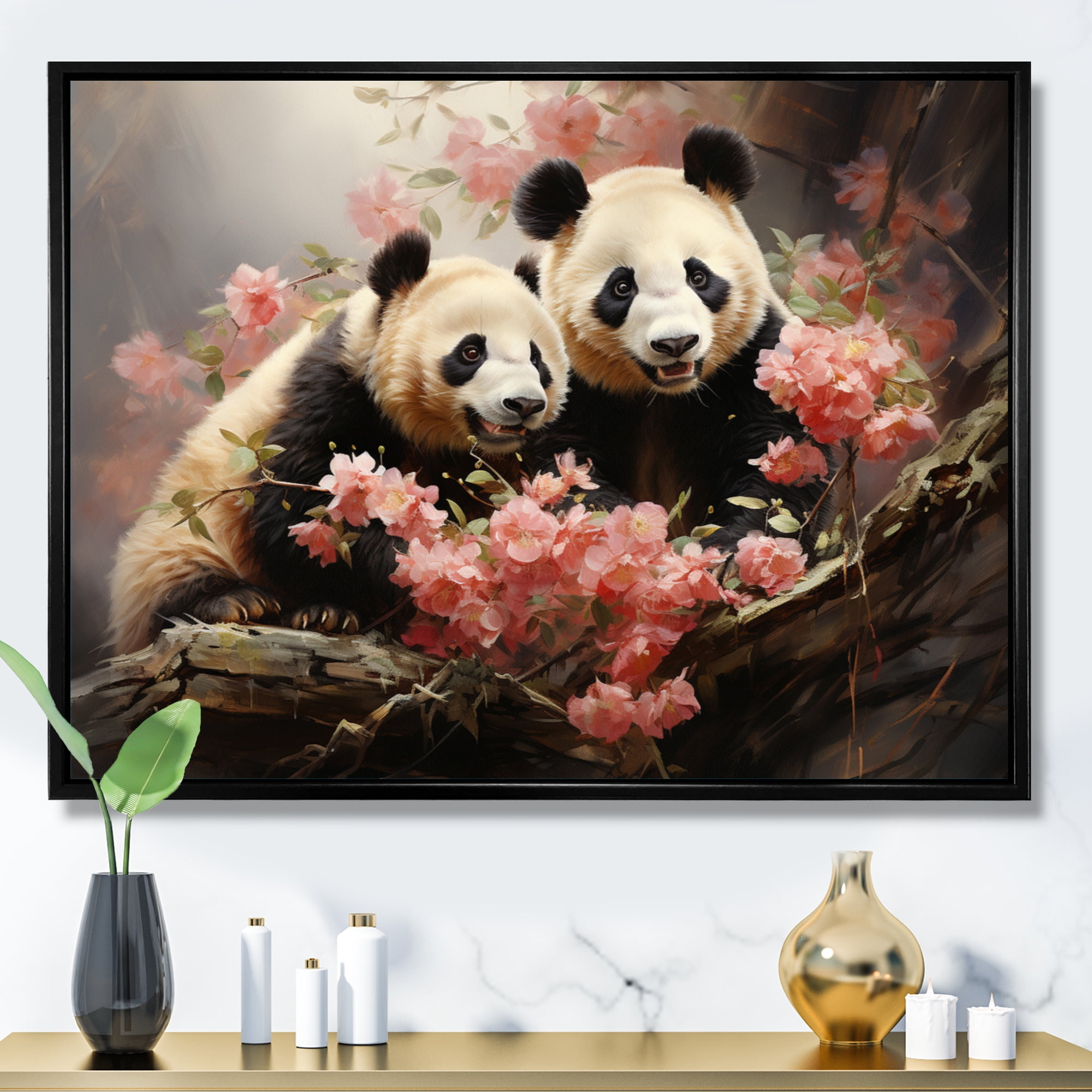 Designart "Pandas Playful China Art painting II" Animals Floater Framed Wall Decor - Walmart.com