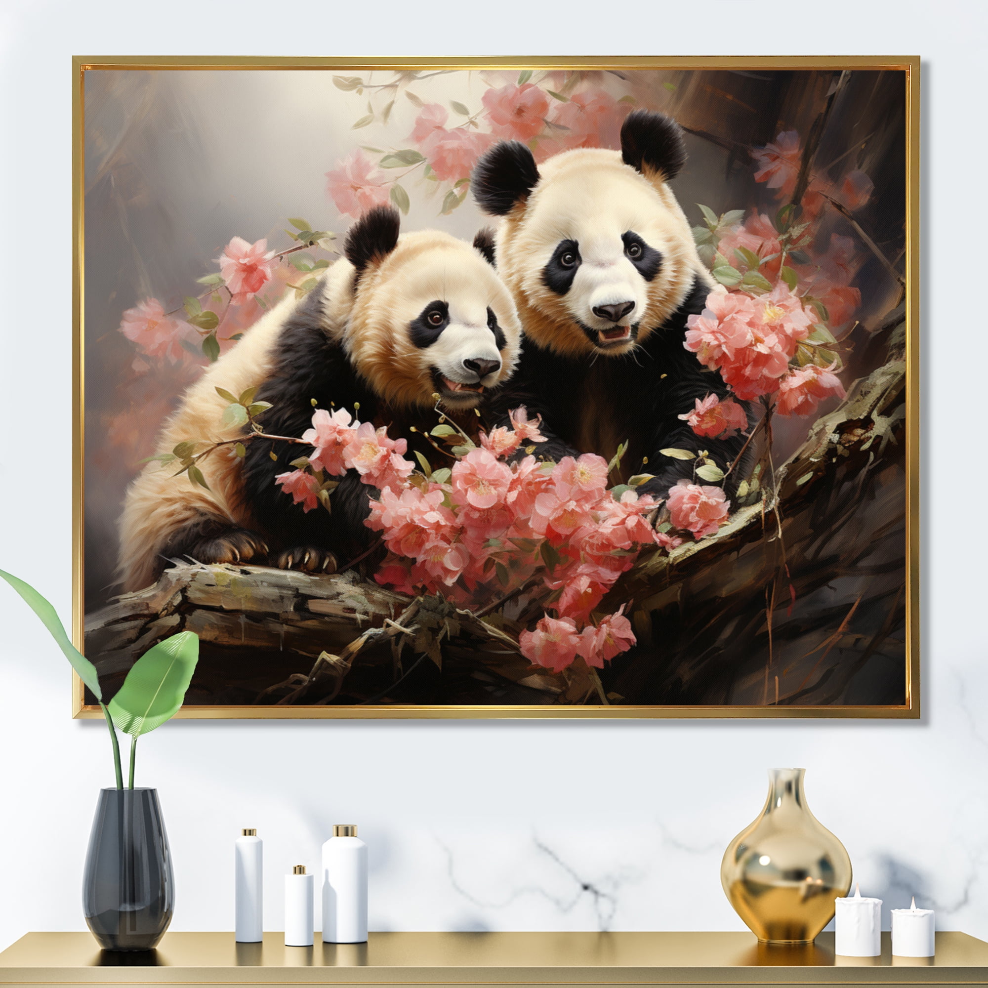 Designart "Pandas Playful China Art painting II" Animals Floater Framed ...