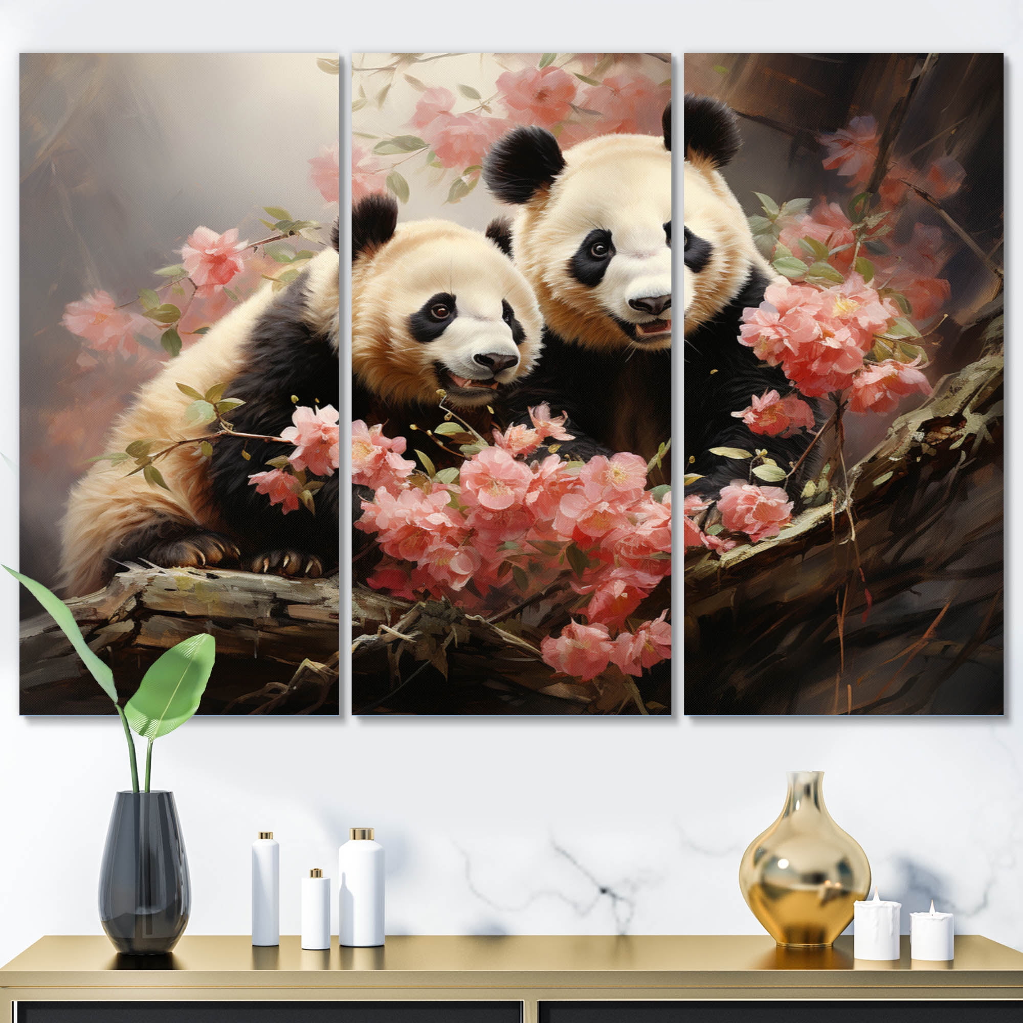 Designart "Pandas Playful China Art painting II" Animals Metal Art ...