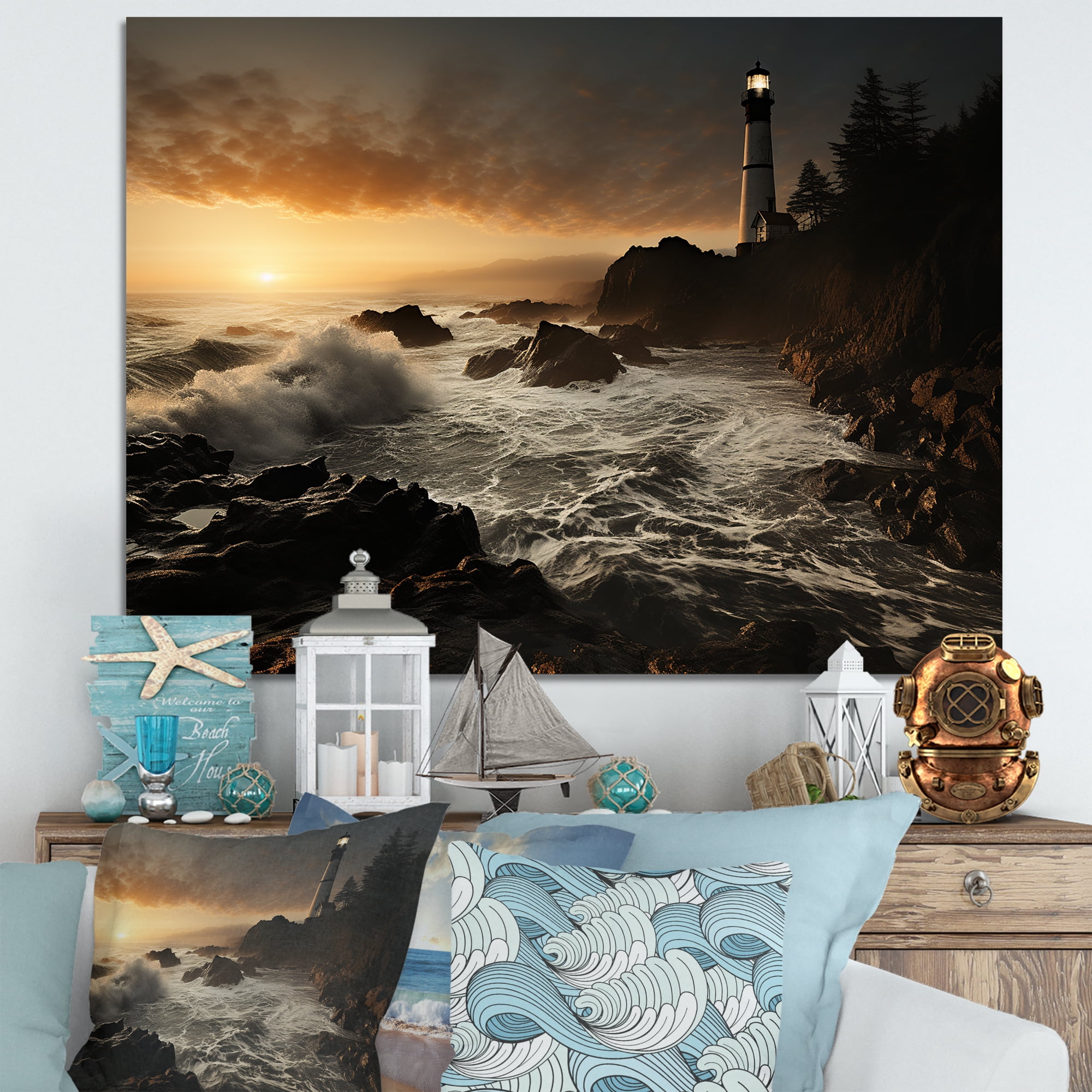 Designart "Panoramic Coastal Lighthouse View" Beach Light House Wall ...