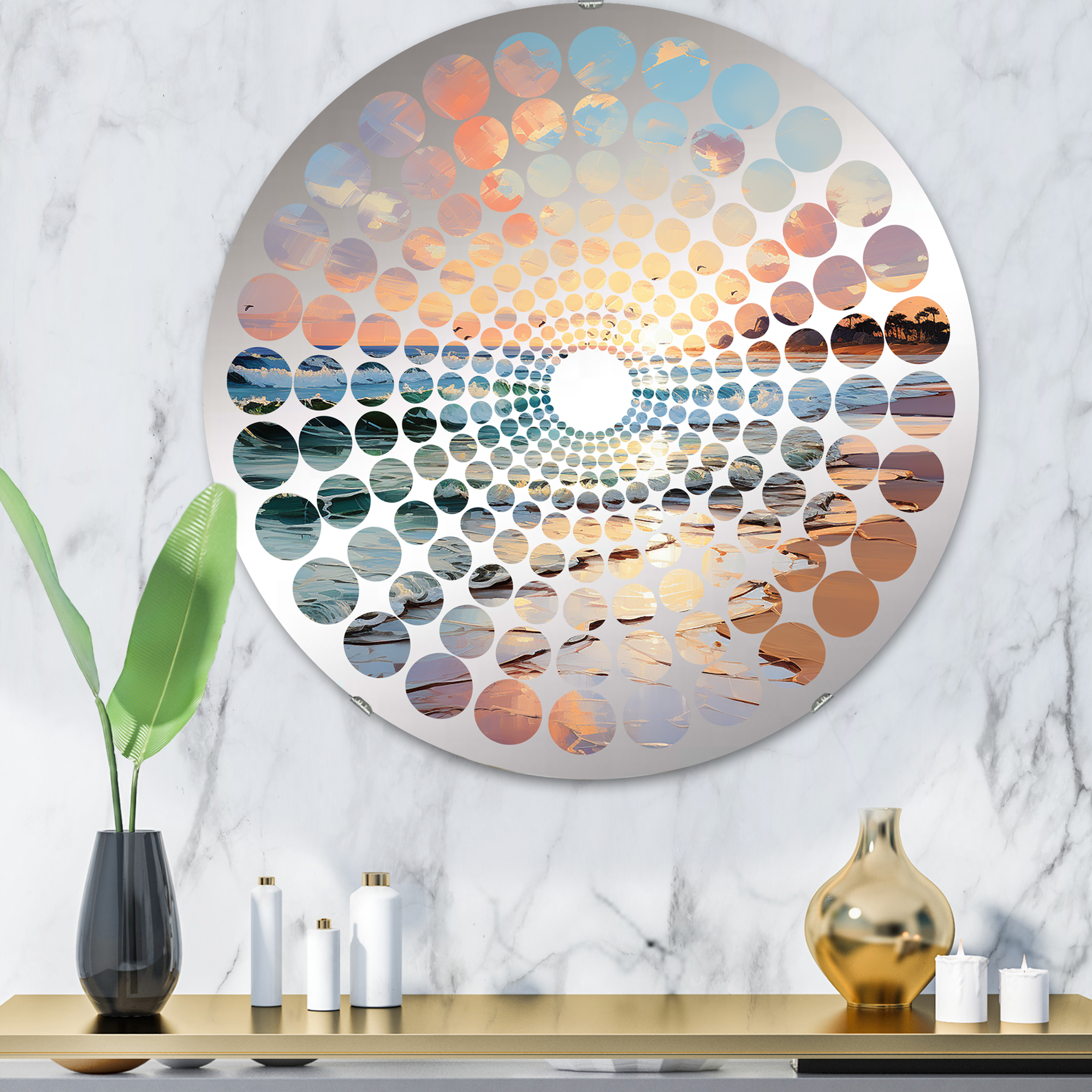 Designart "Panoramic Harmony on the Coast" Ocean Radial Dot Round Wall ...
