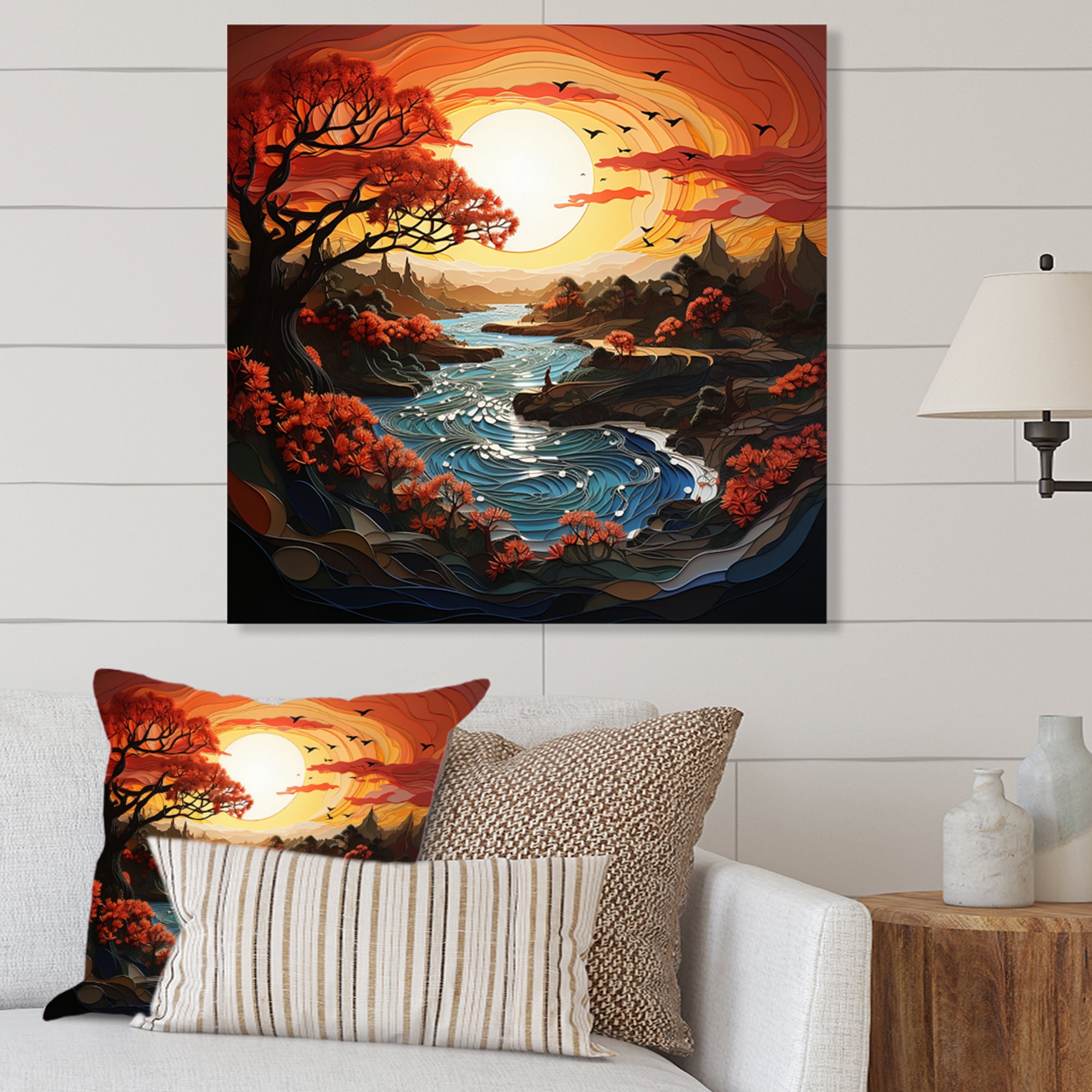 Designart "Papercut Silence Orange Sunrise I" Landscapes Metal Wall Art ...