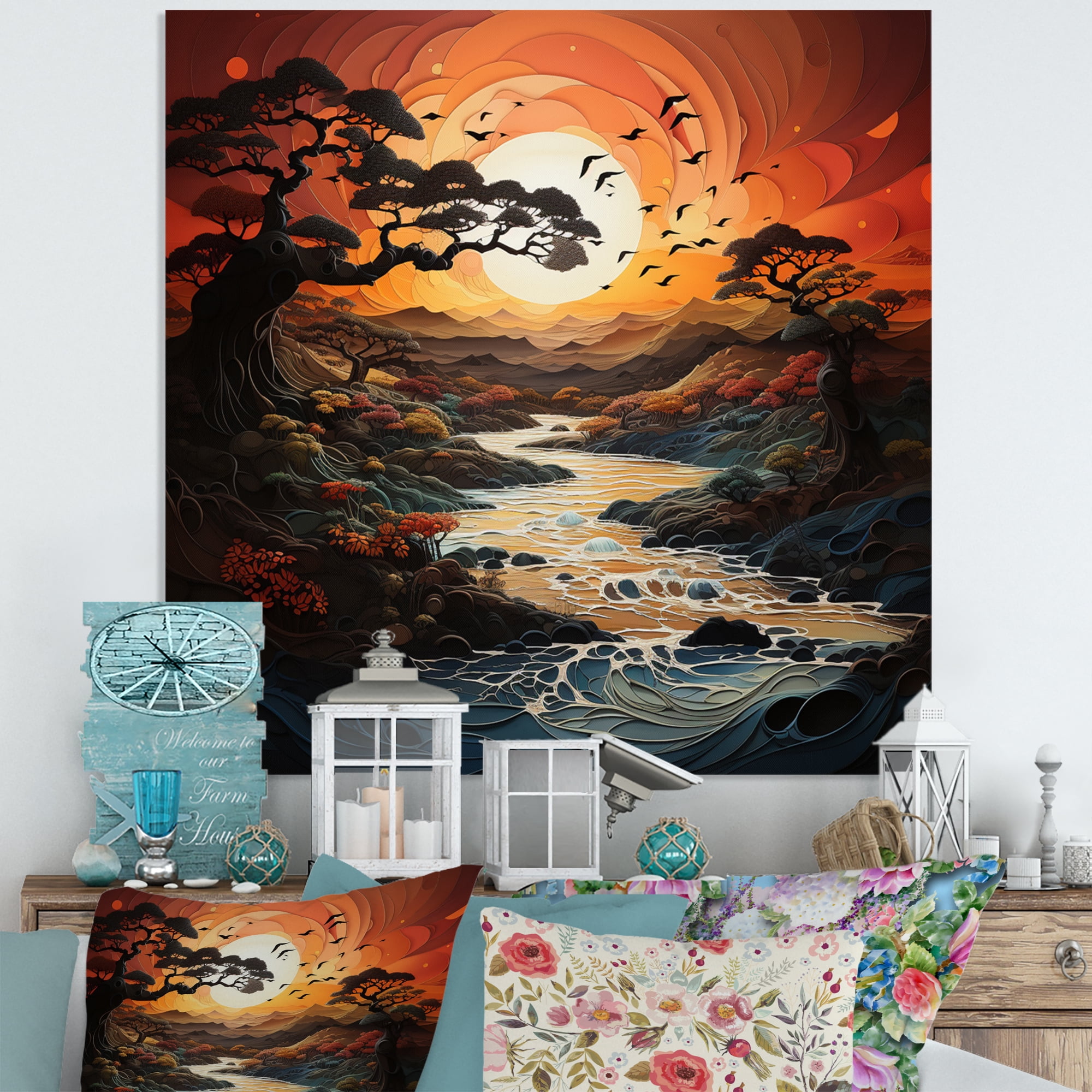 Designart "Papercut Silence Orange Sunrise II" Landscapes Metal Art ...