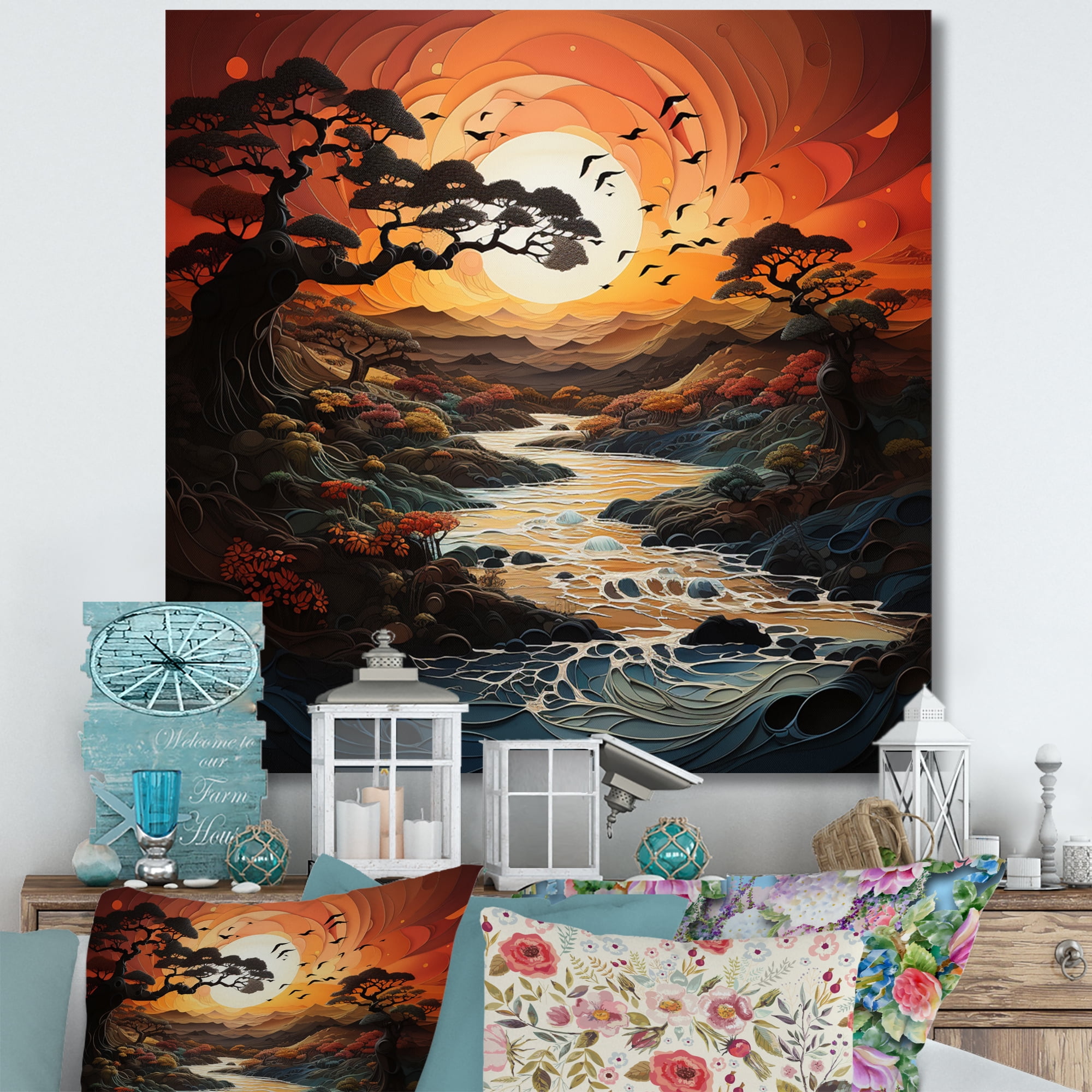 Designart "Papercut Silence Orange Sunrise II" Landscapes Wall Art ...