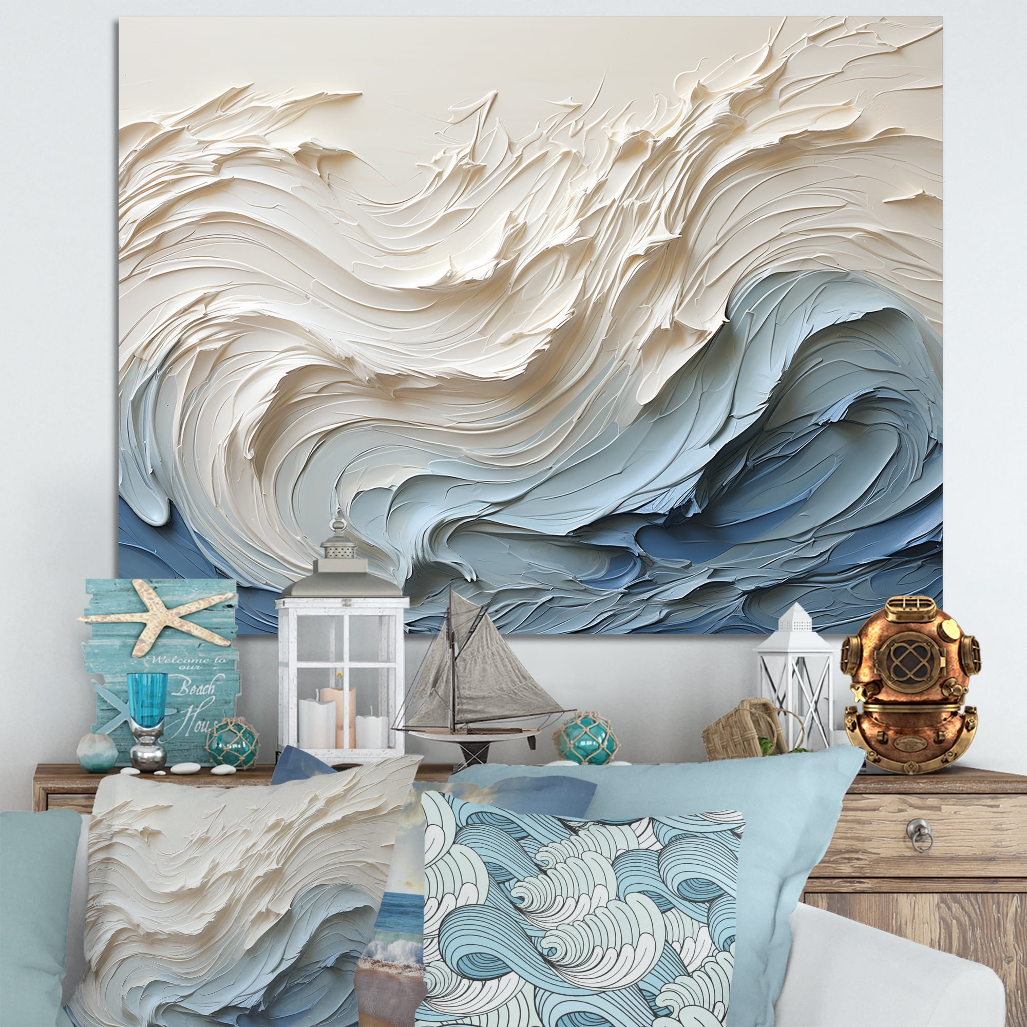 Designart "Papercut-Style Waves In White And Blue" Coastal Waves Wall ...
