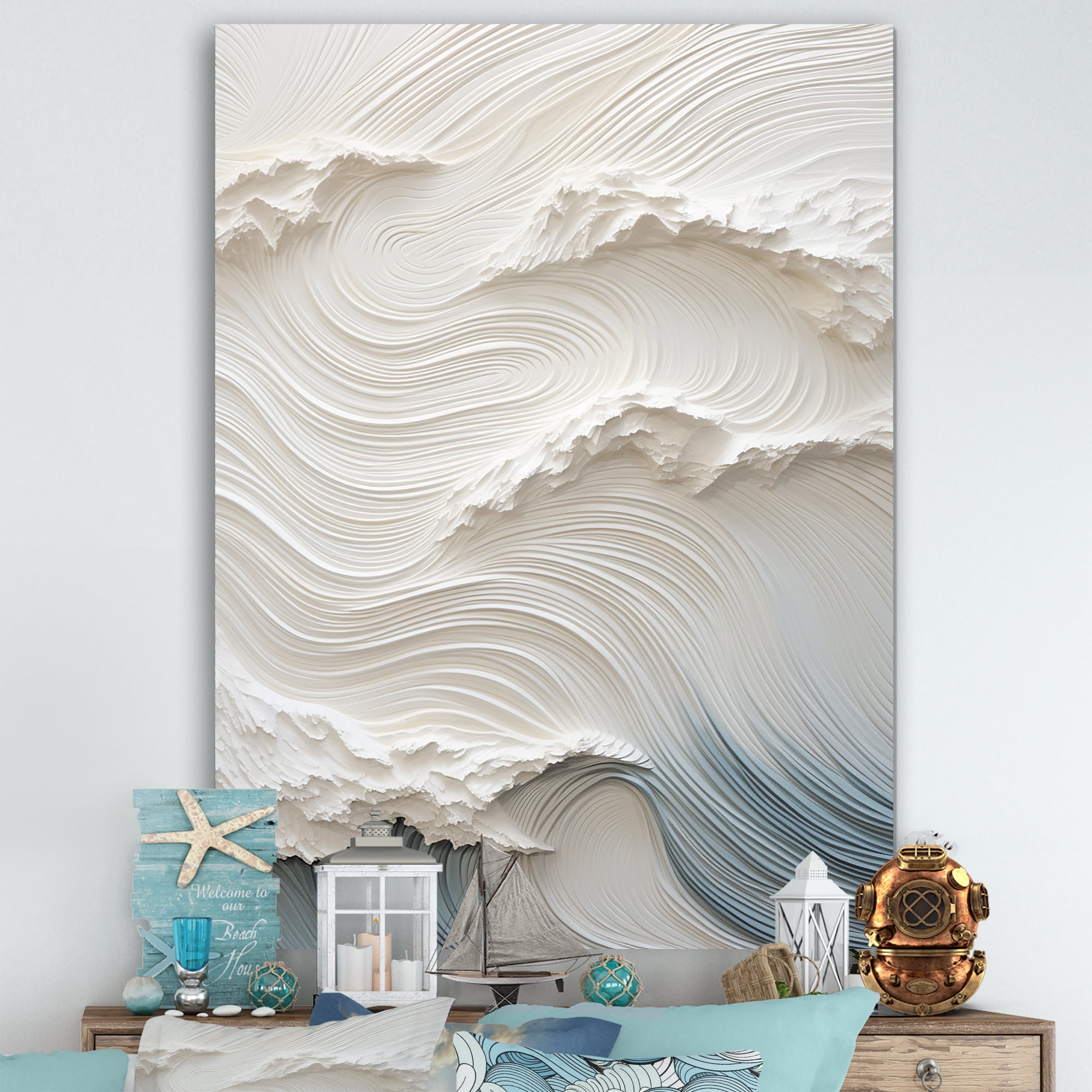 Designart "Papercut-Style Waves In White And Blue I" Coastal Waves Wall ...
