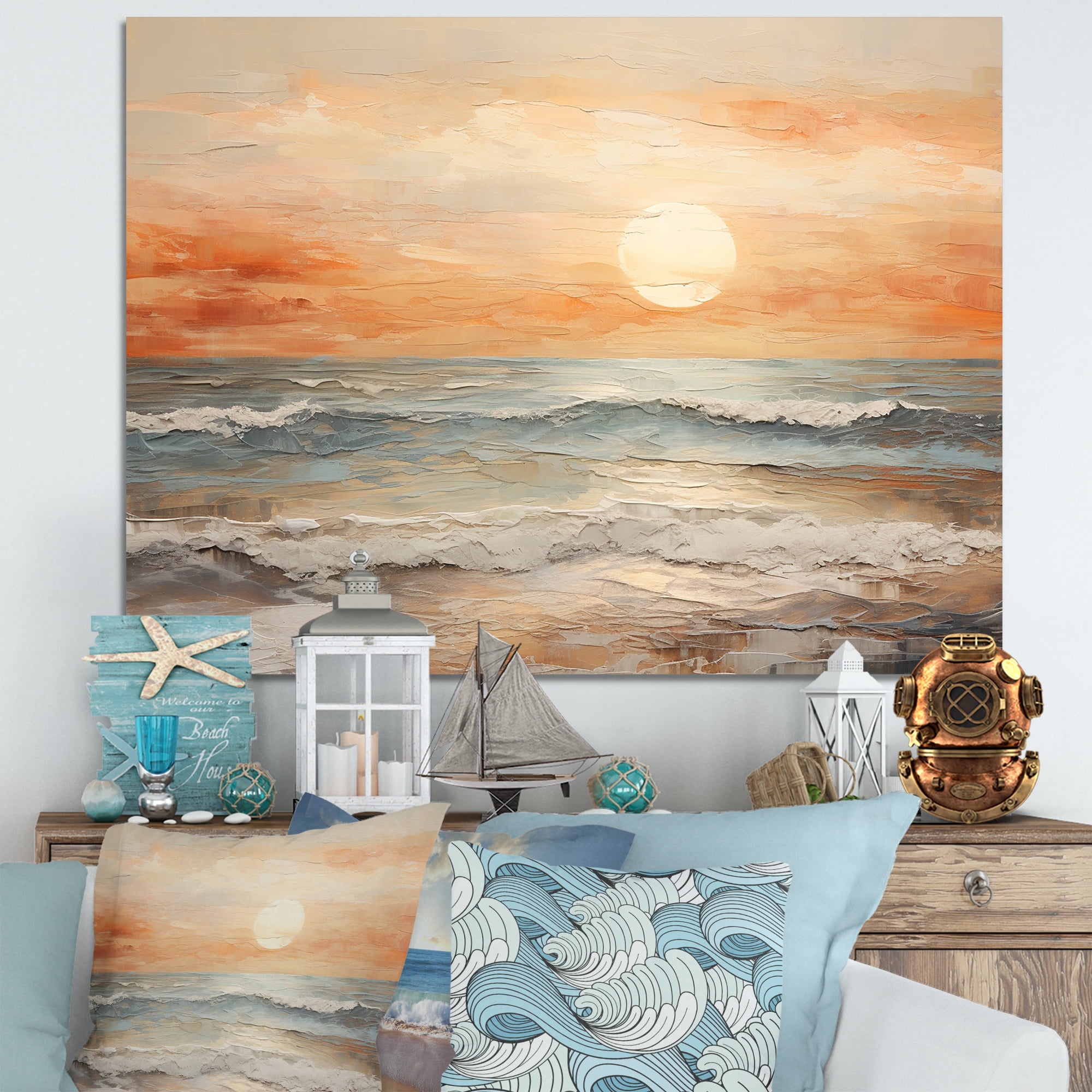 Designart "Paradise Of Beige And Golden Beach Sunset II" Coastal Sunset ...