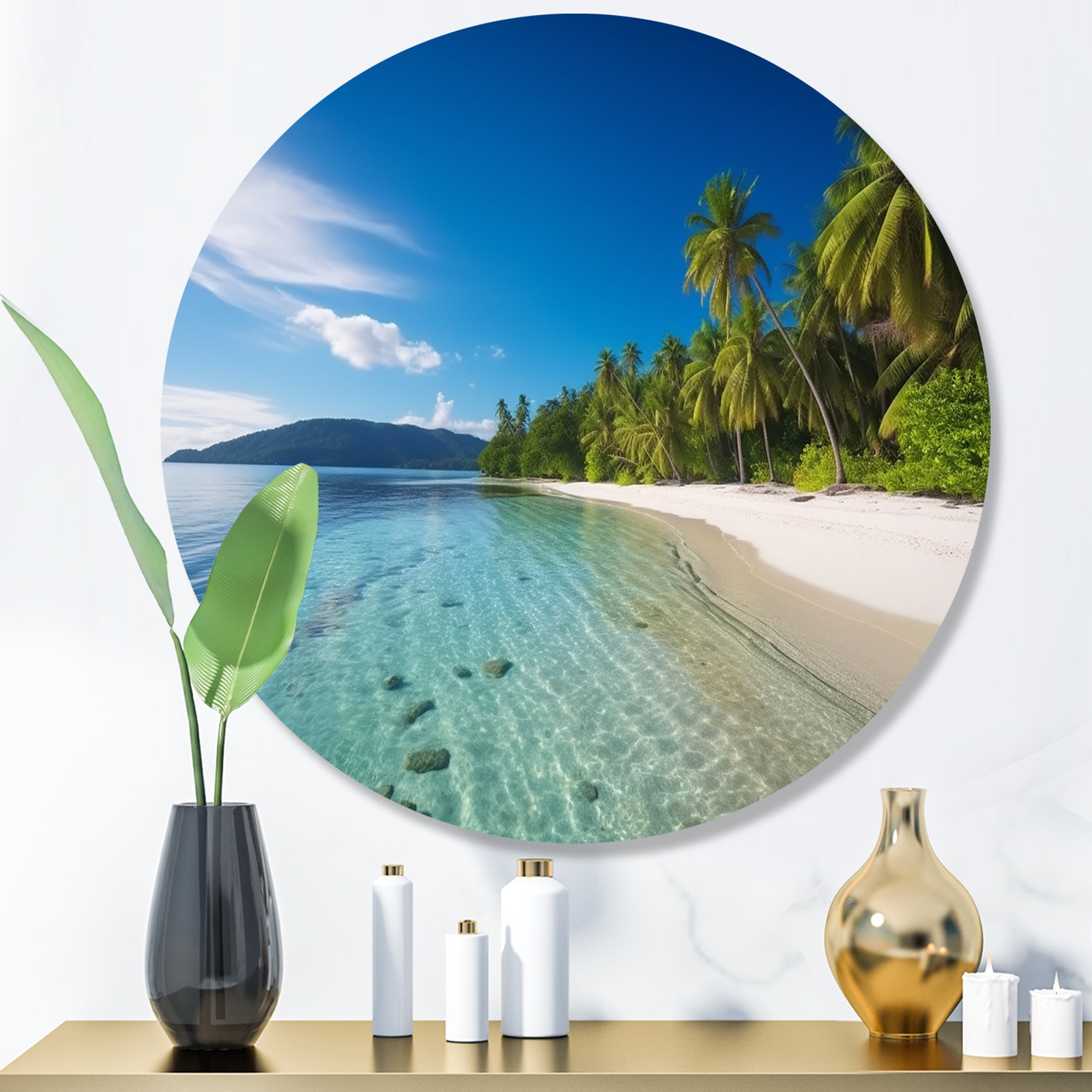 Designart "Paradise in Ocean Blue" Modern Landscape Beach Metal Round ...
