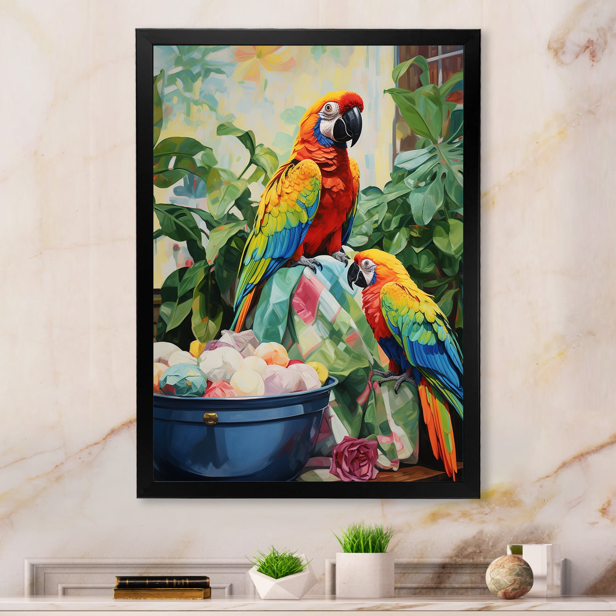 Designart "Paradise of Red Parrots I" Animals Framed Wall Art - Modern Red Parrot Bedroom Framed ...
