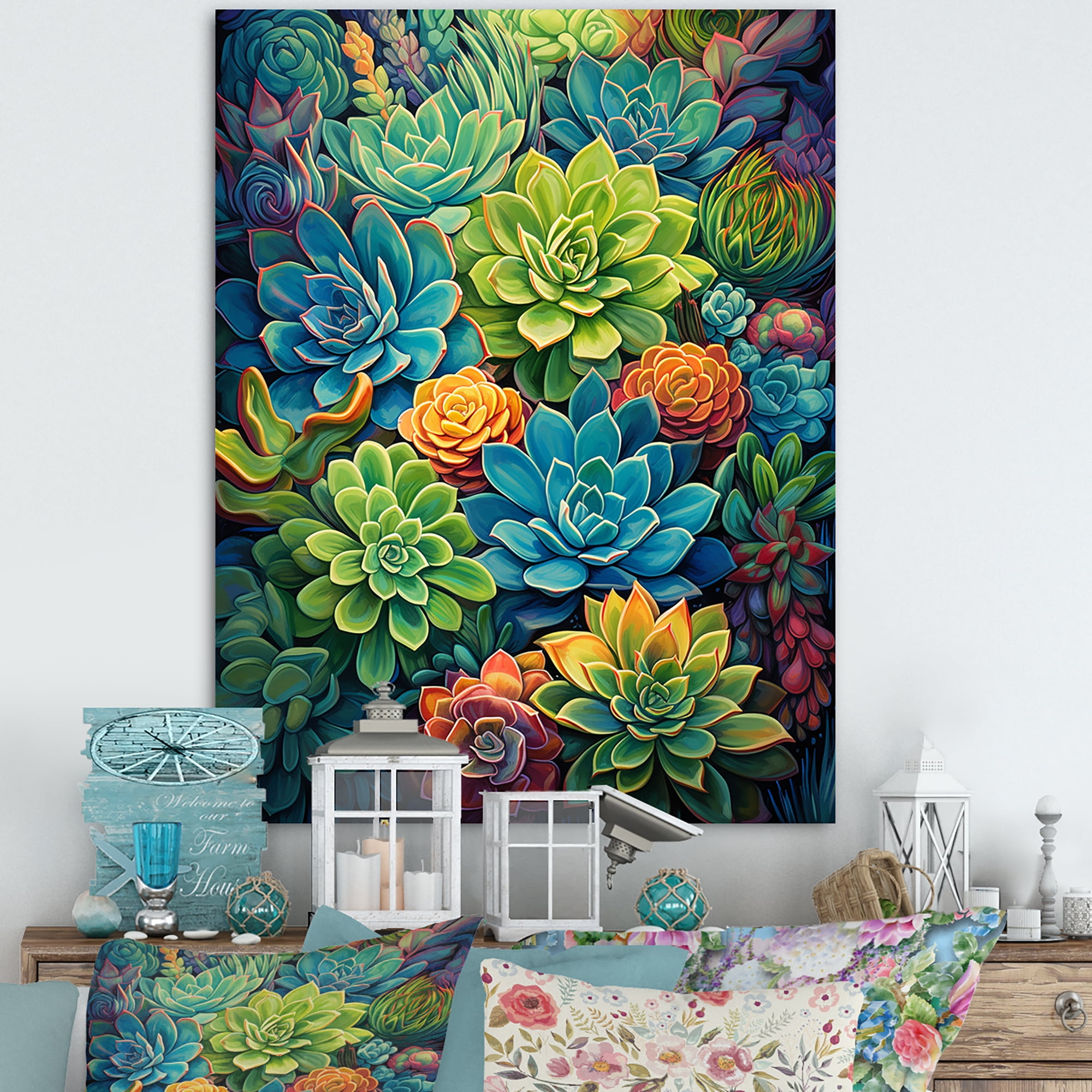 Designart "Paradise of Succulents Green Blue Bliss I" Floral ...