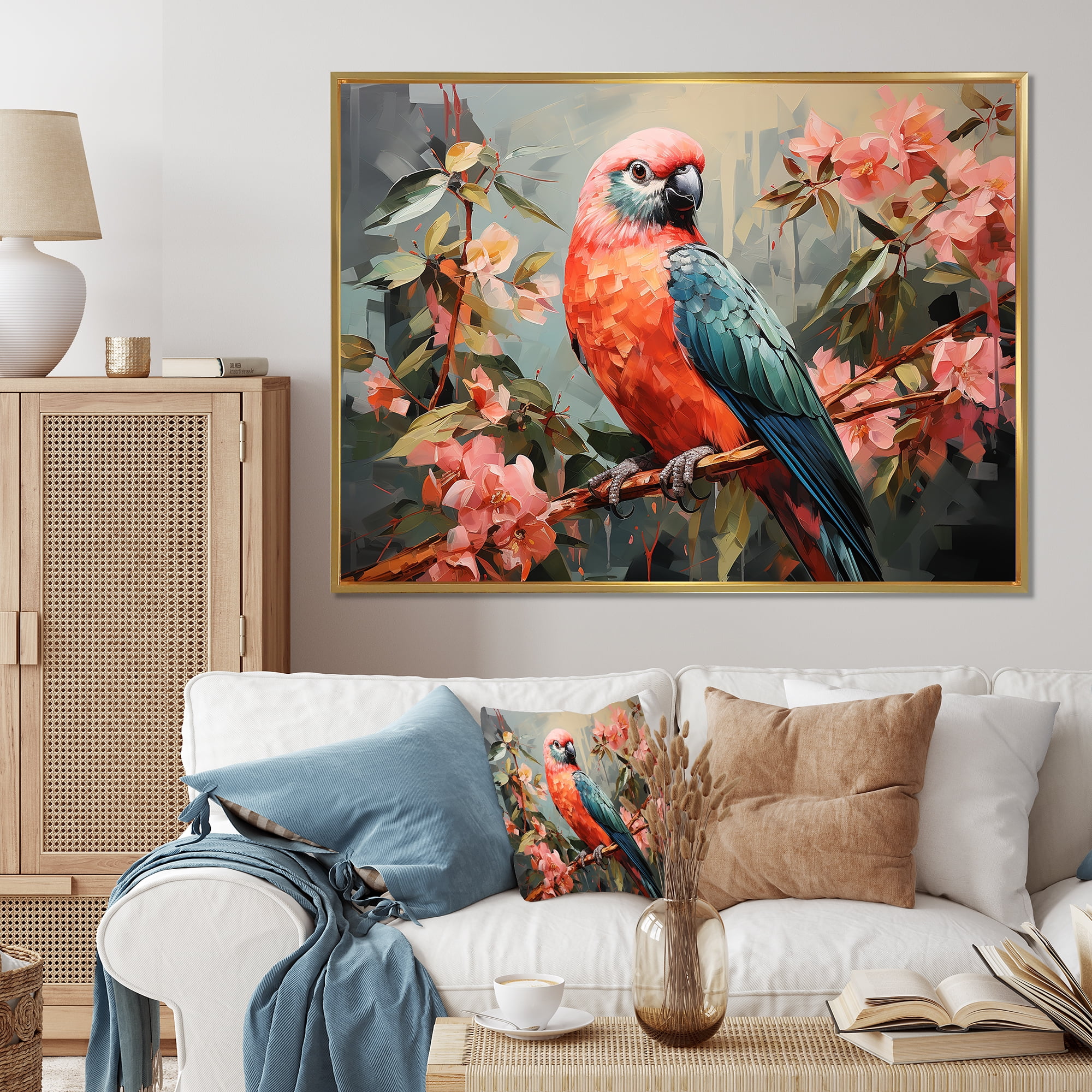 Designart "Parrot Harmony Pink and Green Florals I" Animals Framed Wall ...