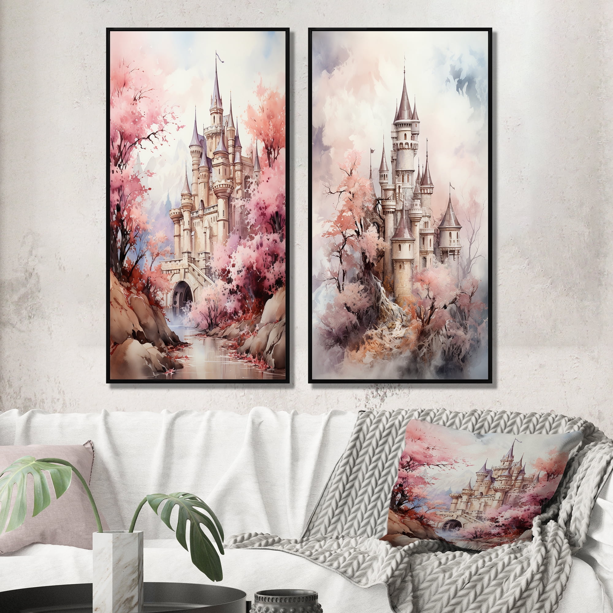 Designart "Pastel Dreams of Castles II" Castles Framed Wall Art Set Of ...