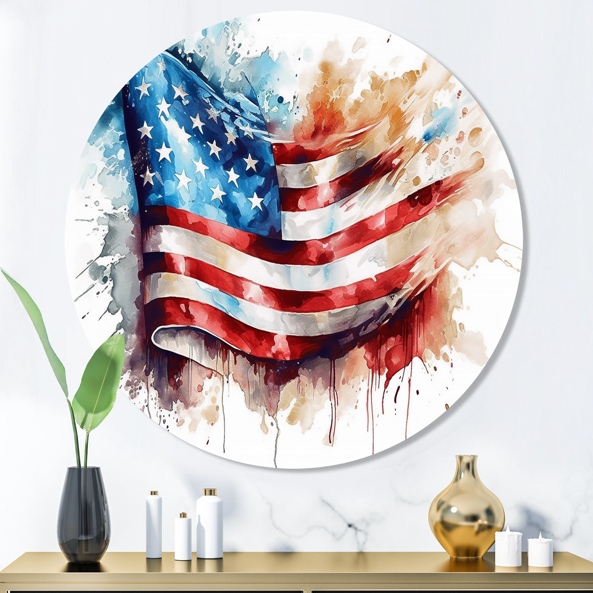 Designart "Patriotic American Flag in the Wind" Flag Metal Round Wall ...