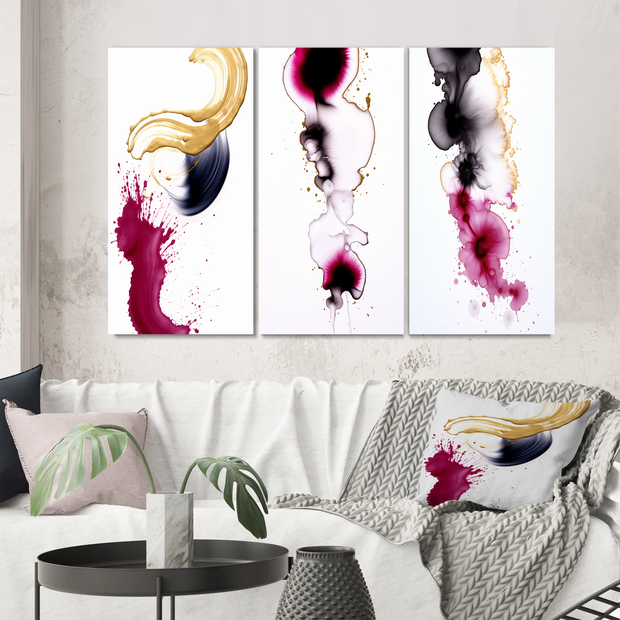 Designart "Peaceful Intensity Magenta and Gold Series" Abstract Painting Wall Art Set Of 3 ...