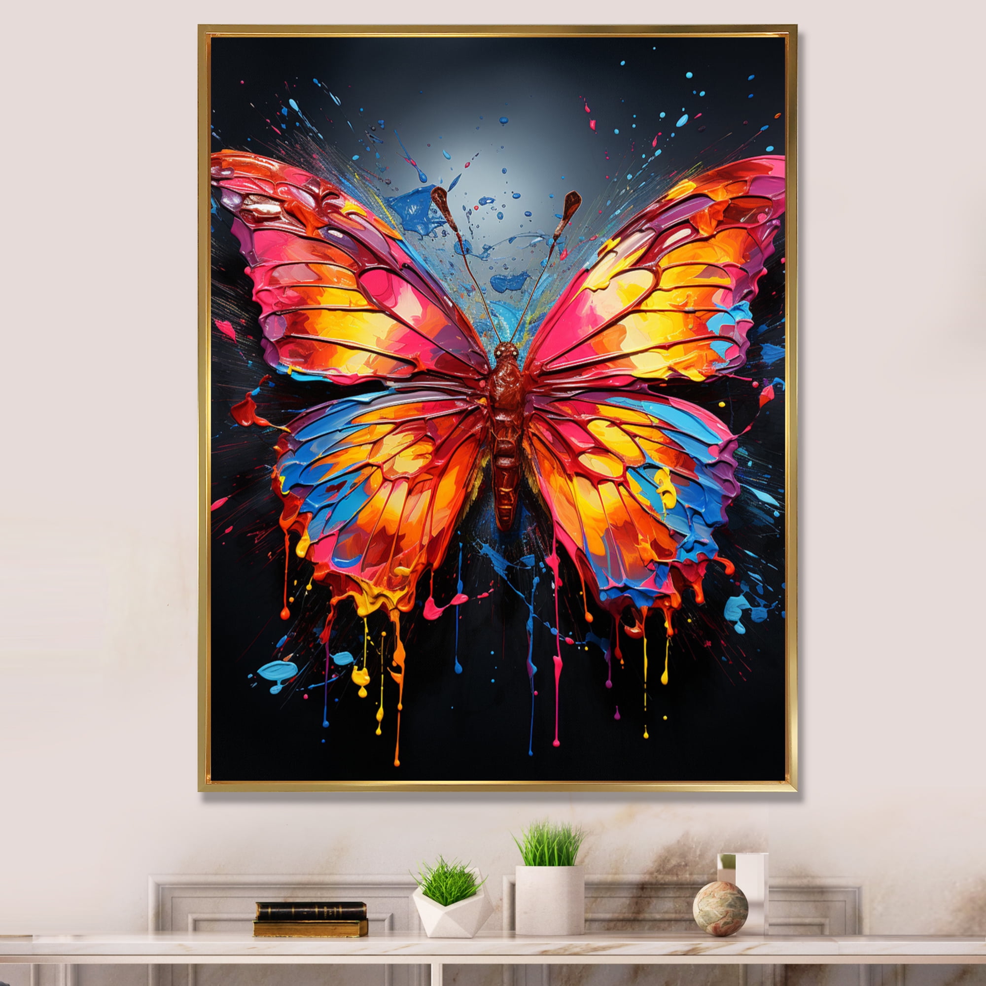 Designart "Peach Amber Illuminated Moth Surge" Animals Floater Framed ...