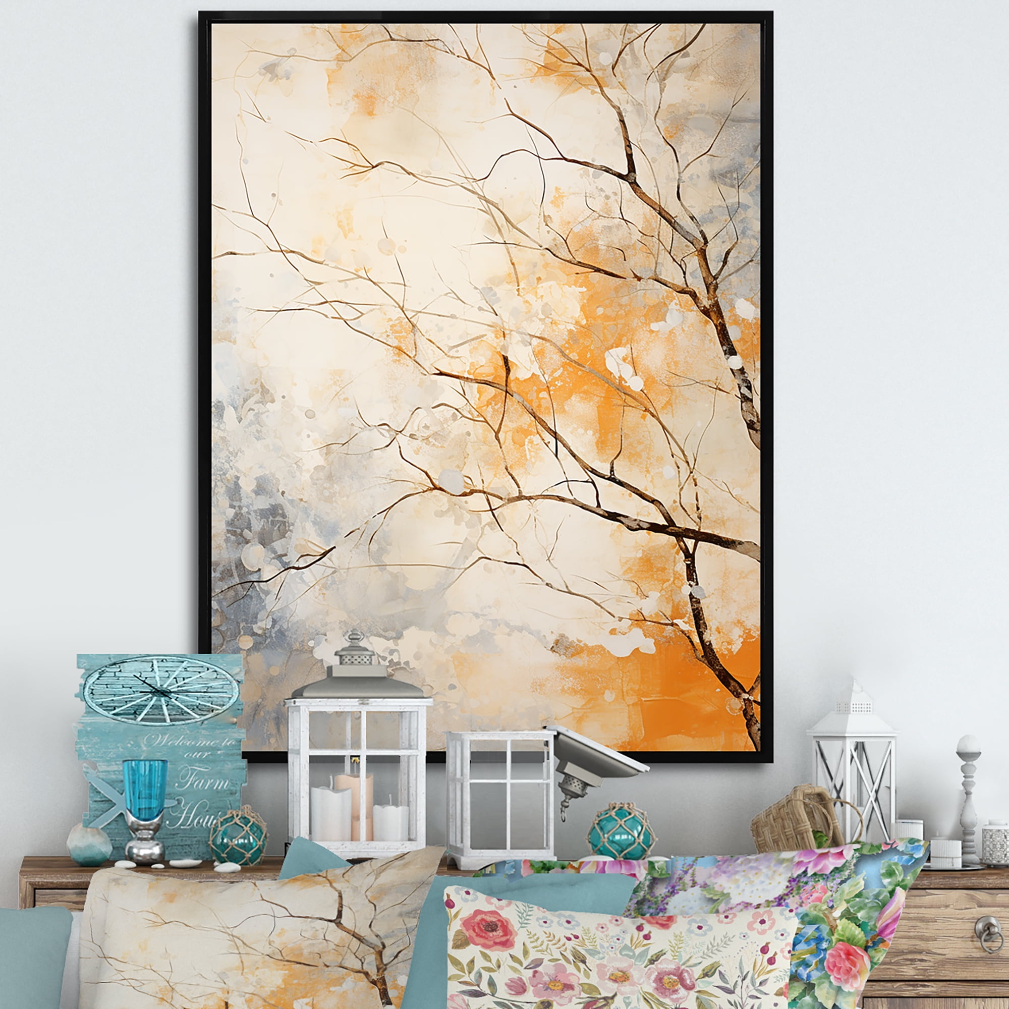 Designart "Peach-Beige Sycamore Melody I" Tree Sycamore Floater Framed ...