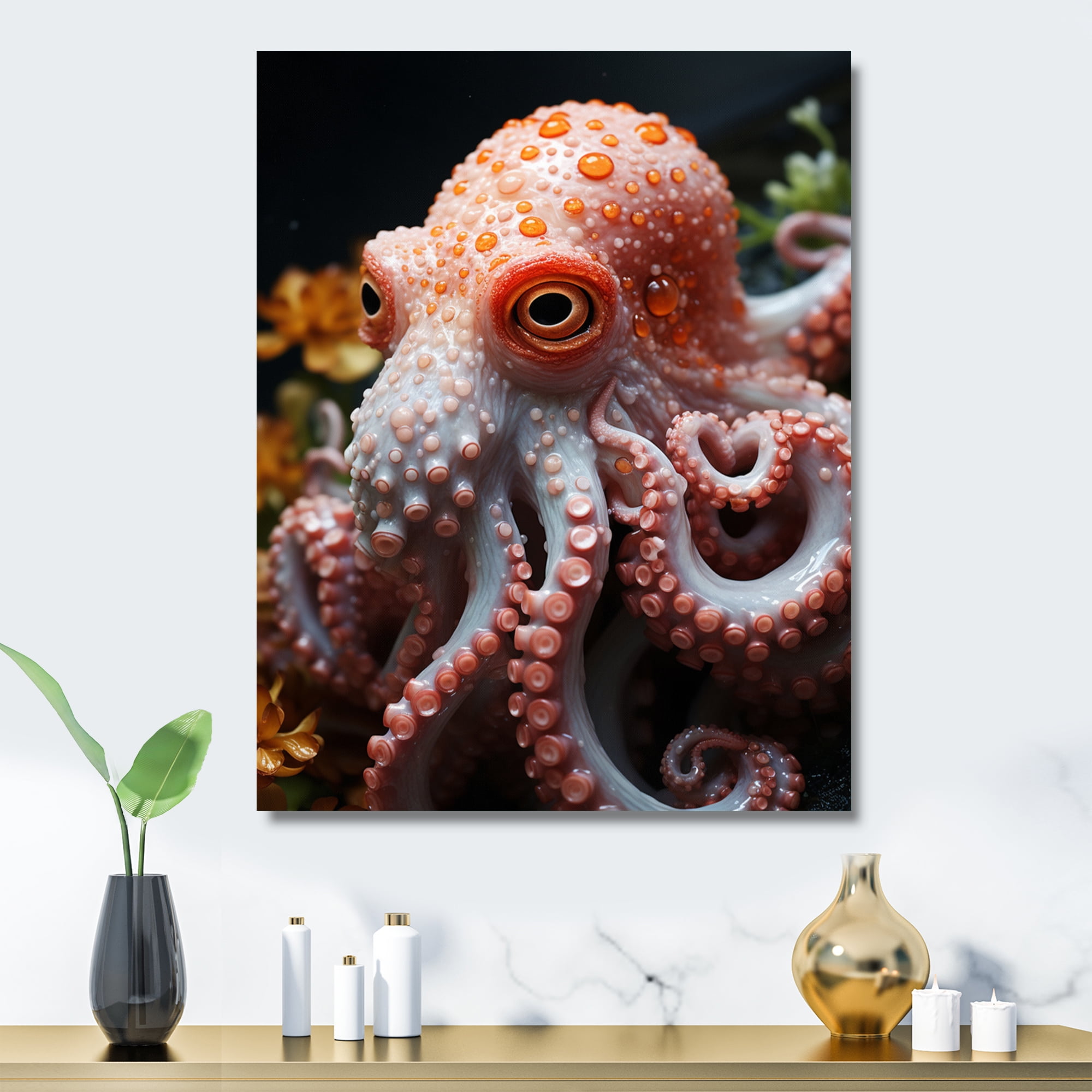 Designart "Peach Cephalopod Moonlit Echoes" Octopus/Squid Metal Art ...