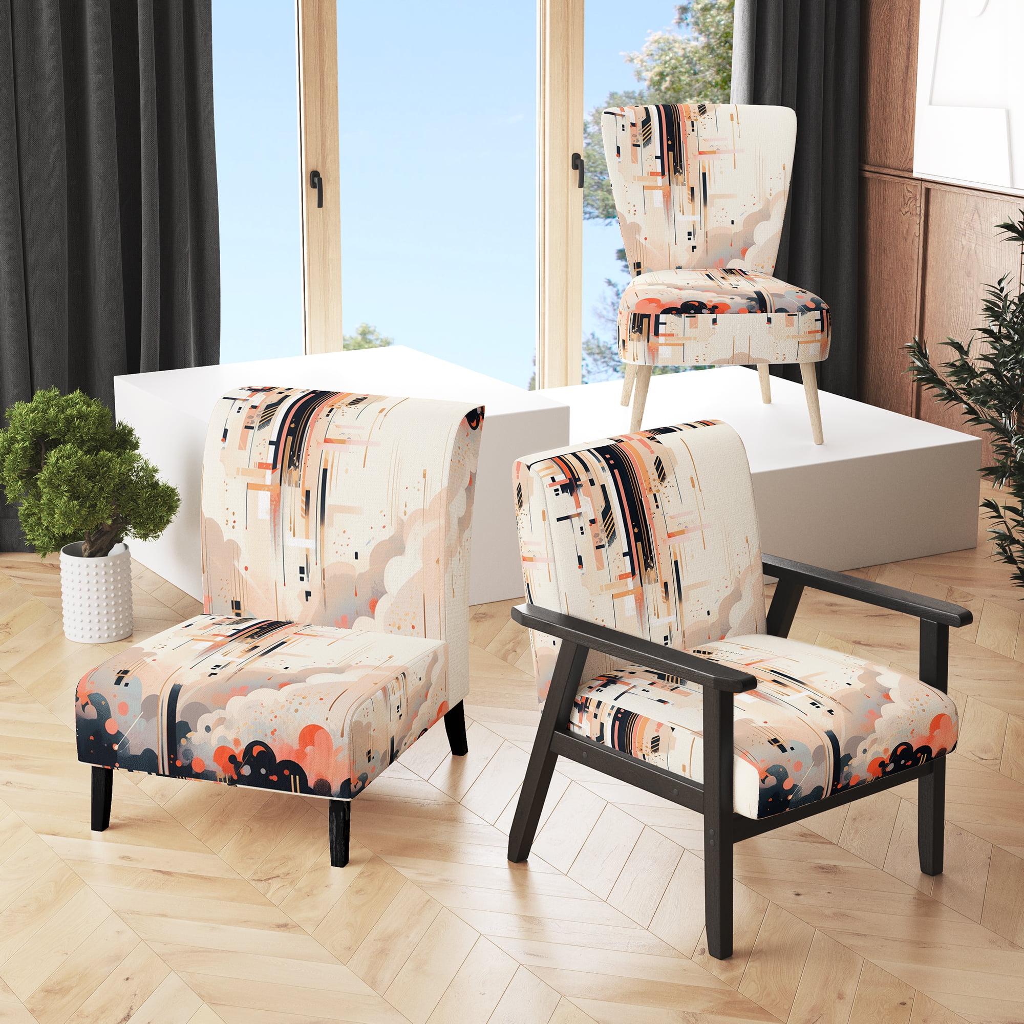 Designart "Peach Cream Multifaceted Whirls" Upholstered Cubism Accent ...