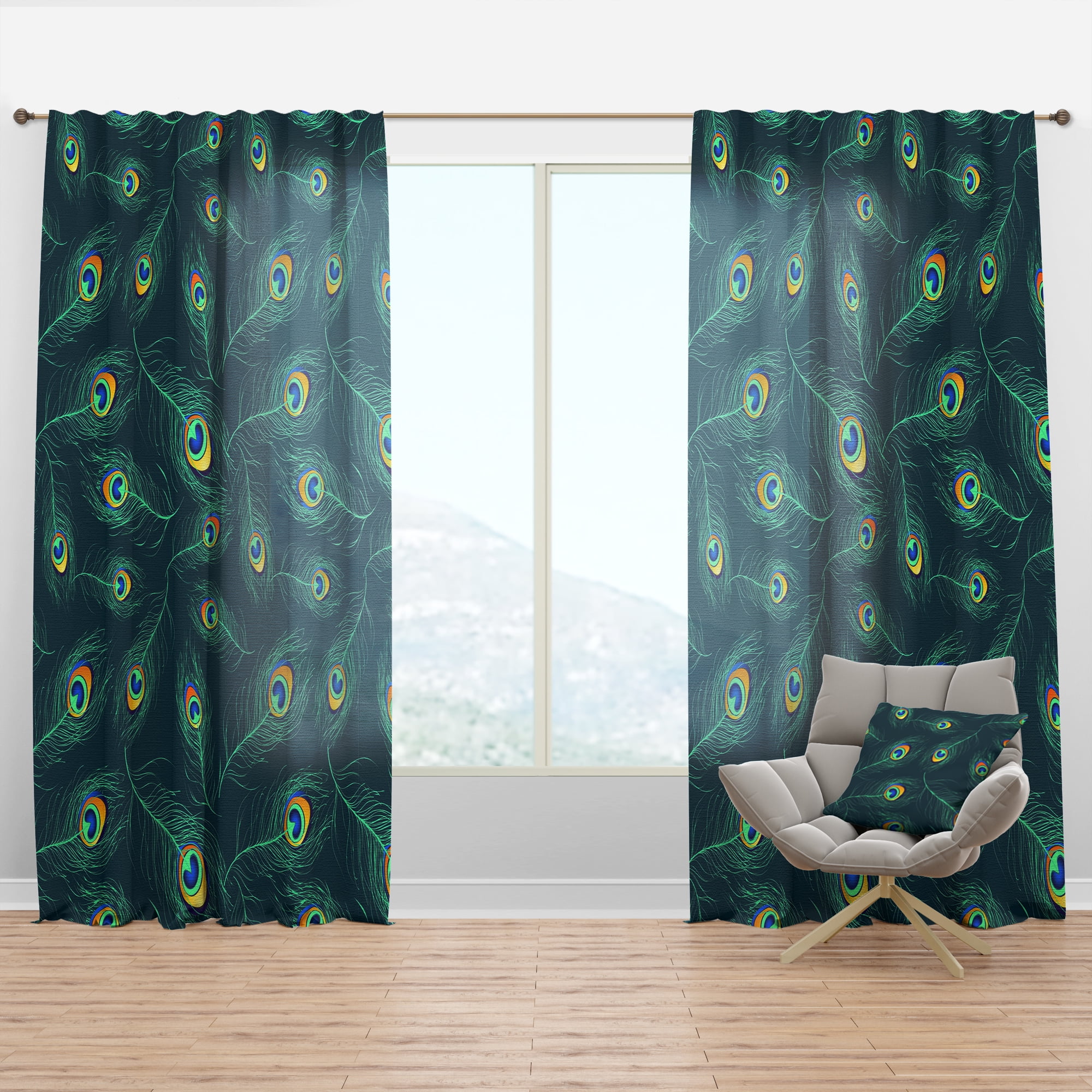 Designart Peacock Feathers Curtain Panel - Blue Nature Print - Walmart.com