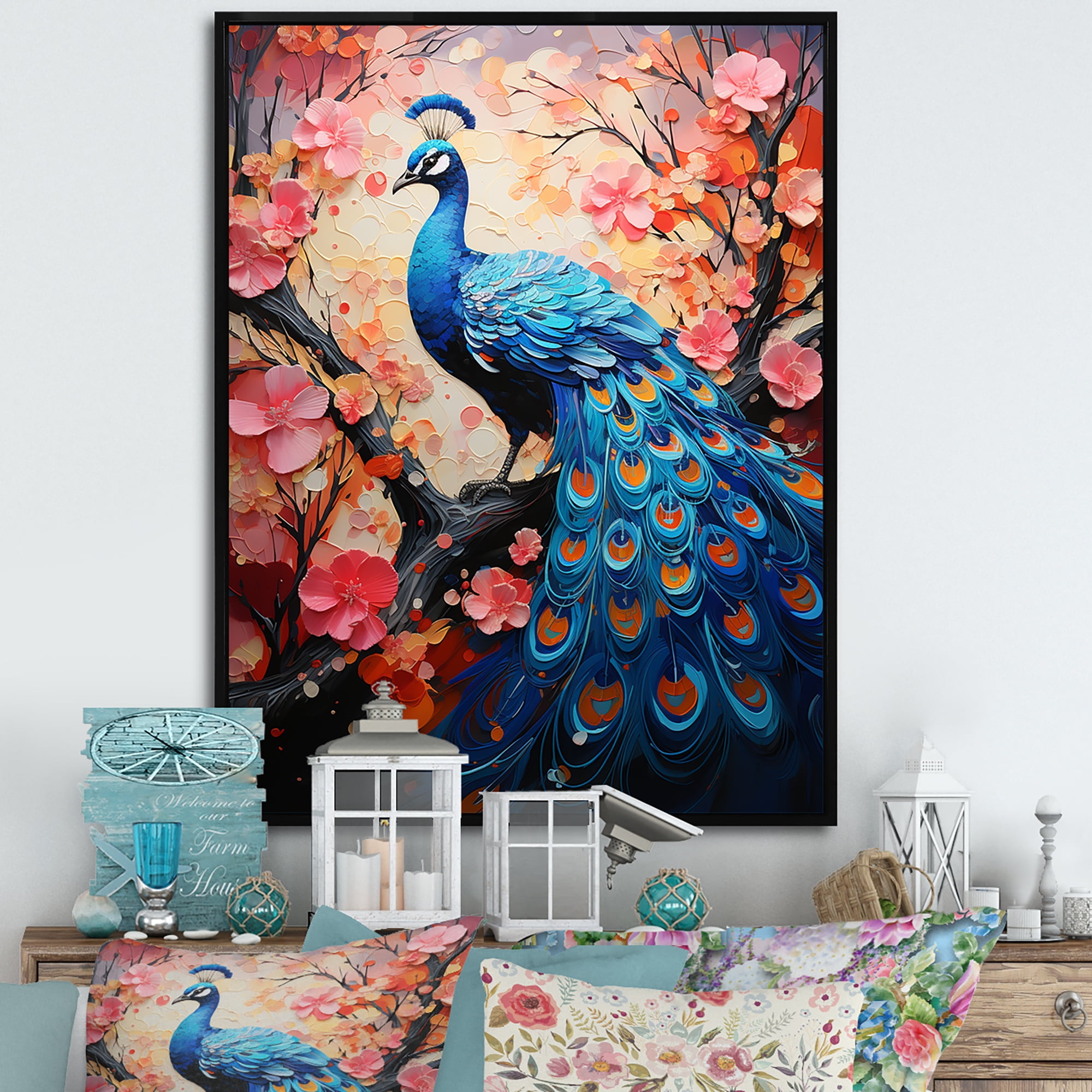 Designart "Peacock'S Colors In The Flowers II" Animals Peacock Floater ...