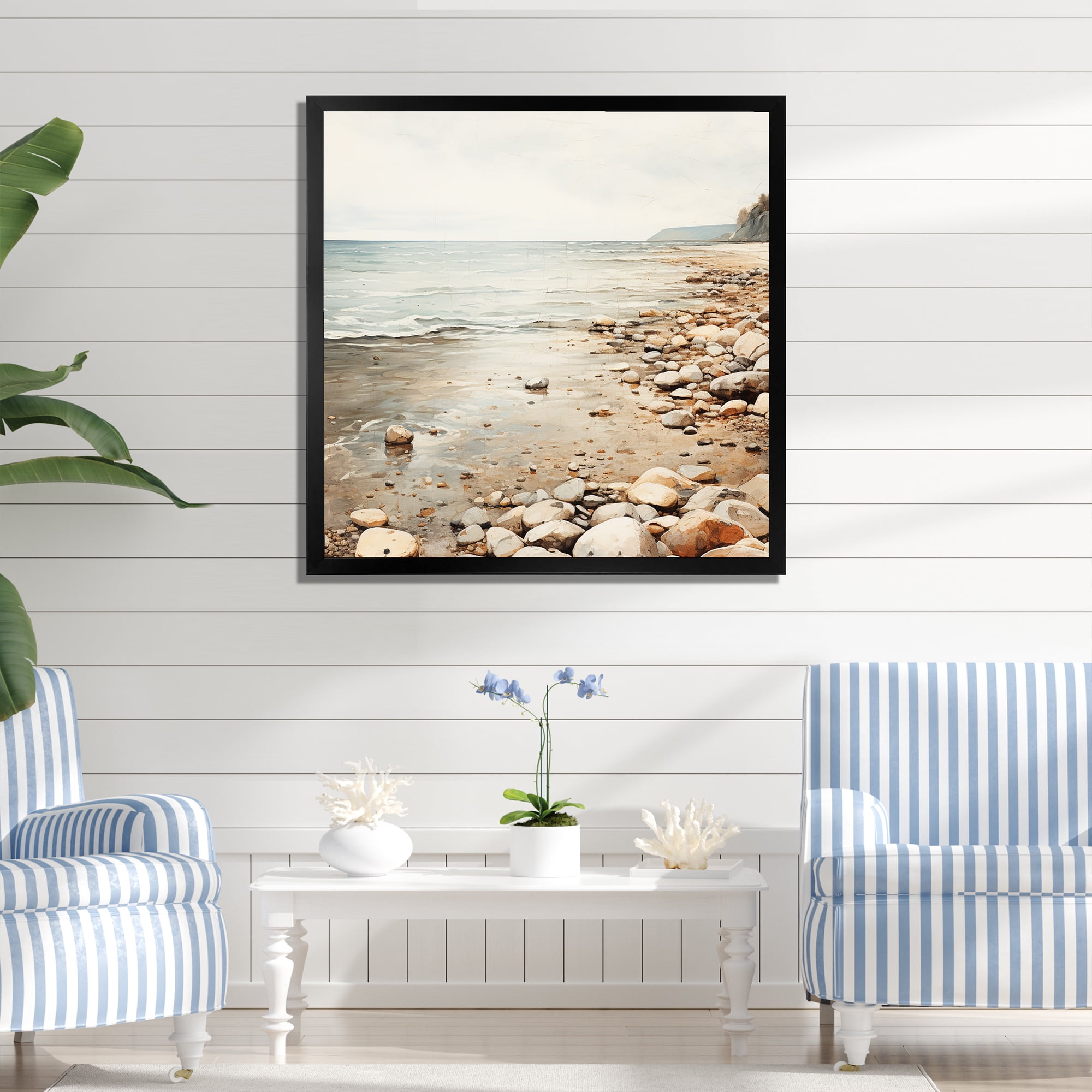 Designart "Pebble Beach on the Coast I" Coastal Framed Wall Art Decor ...