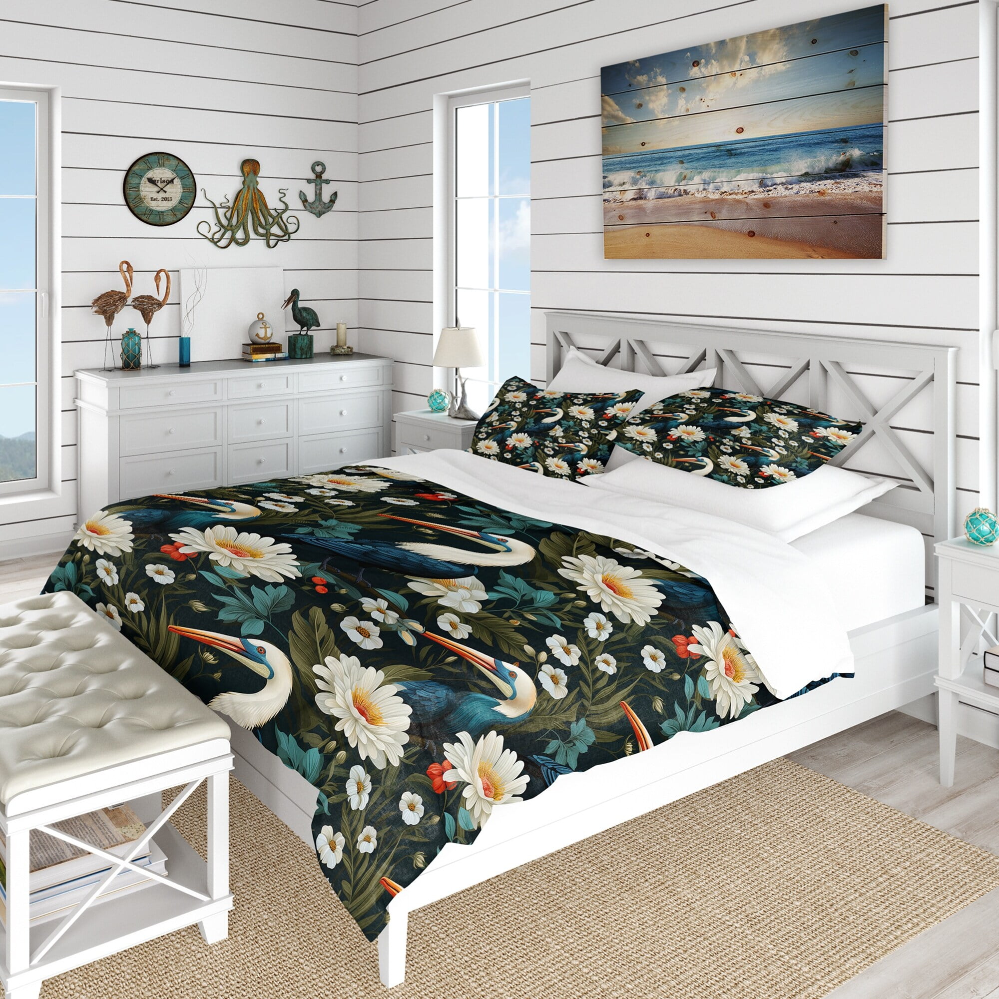 Designart "Pelican Procession Seashore I" Blue Coastal Bedding Covert ...