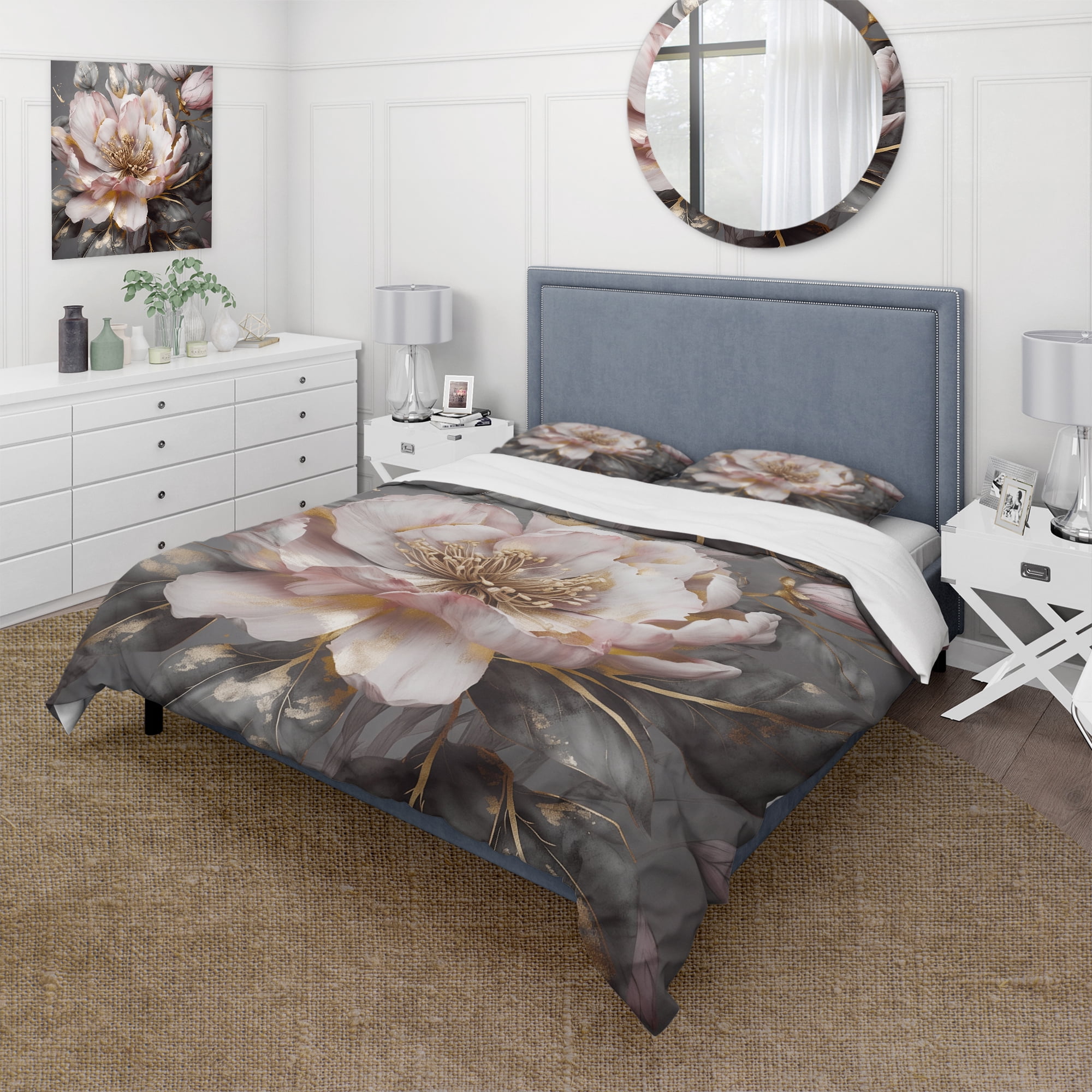 Designart "Peonies Blooming Pink Grey III" Floral Peony Bedding Covert ...