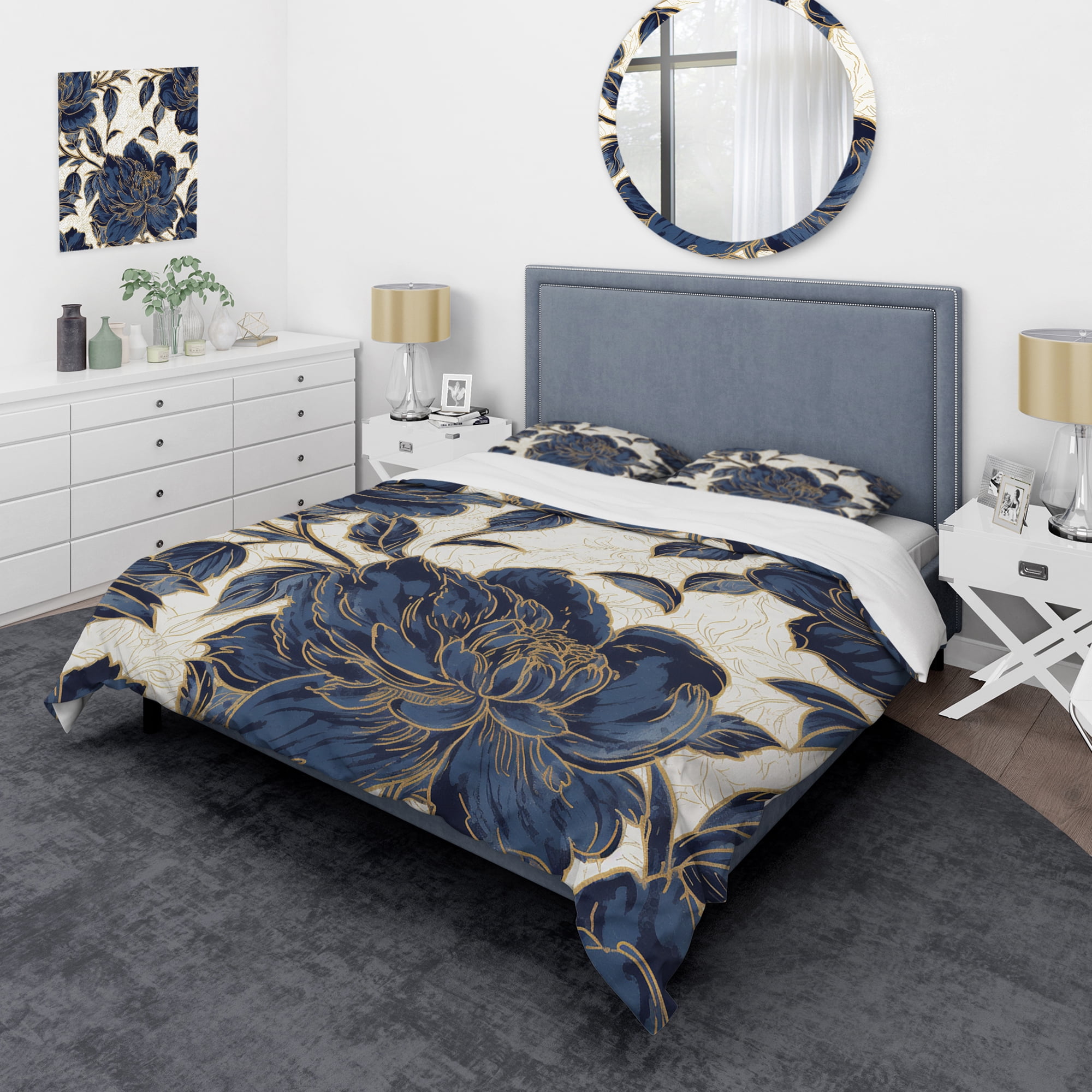 Designart "Peonies Symphony Blue & Gold IV" Floral Peony Bedding Covert ...