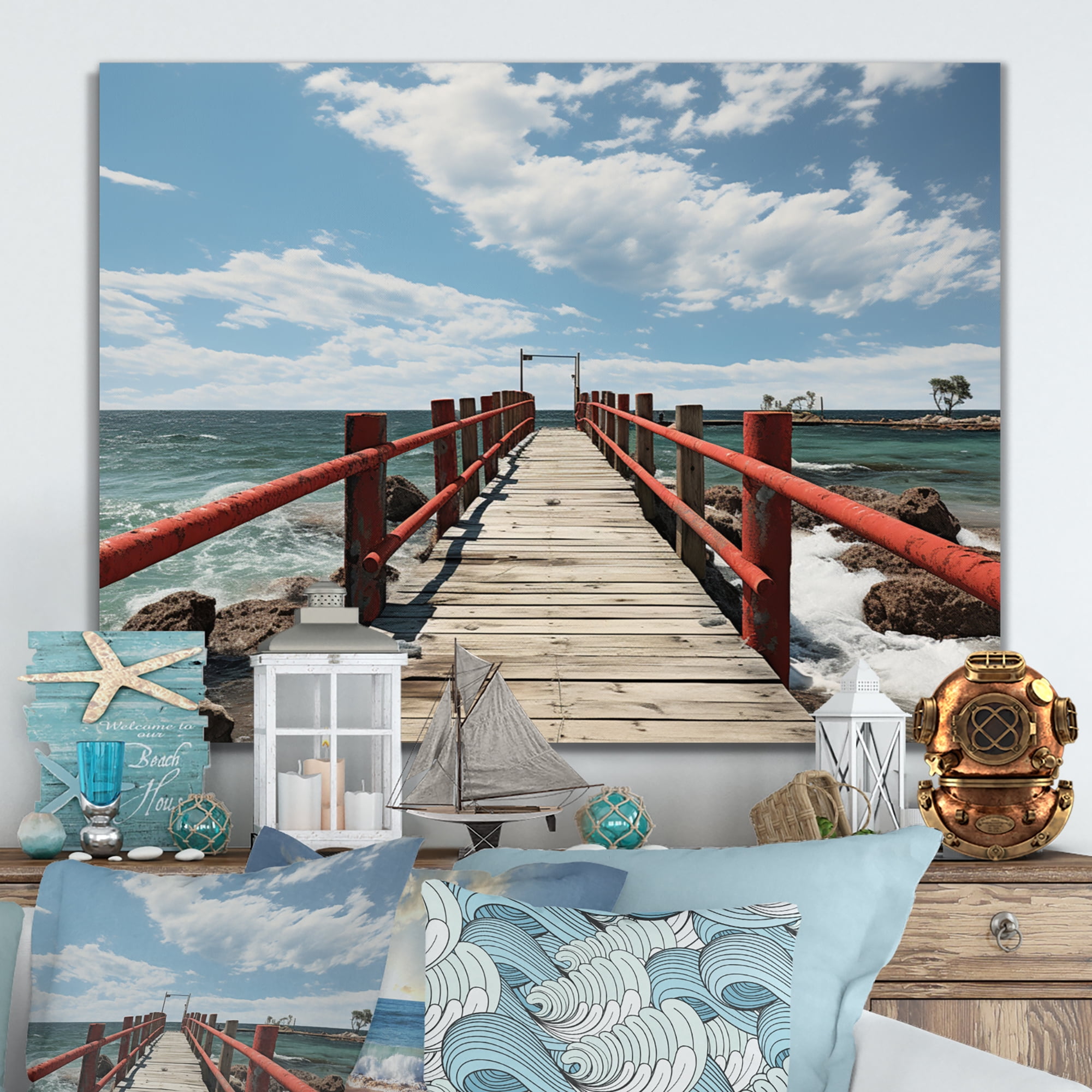 Designart "Perspective Black Beach Pier II" Nautical & Beach Metal Wall ...