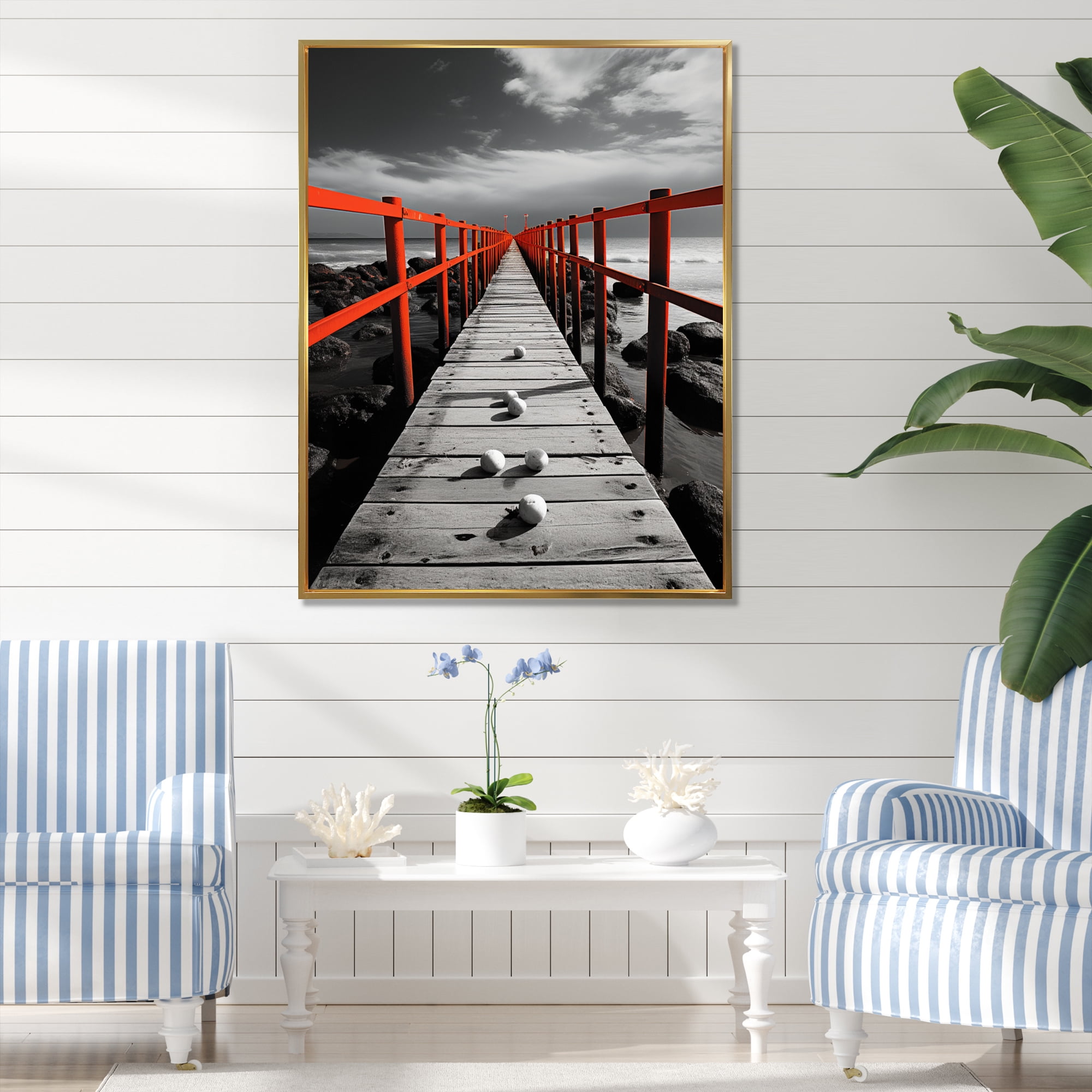 Designart "Perspective Black Beach Pier VIII" Nautical & Beach Floater ...