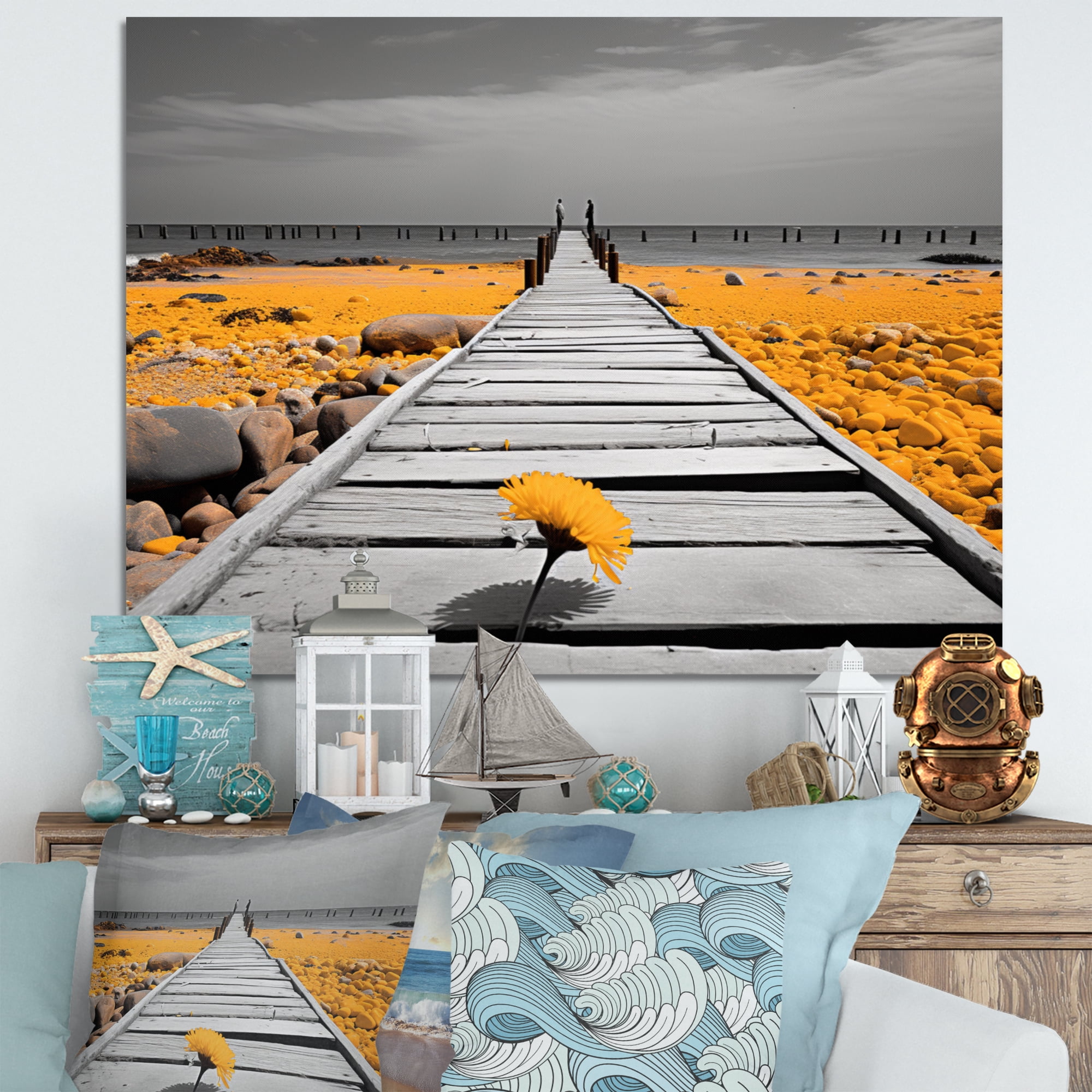 Designart "Perspective Black Beach Pier X" Nautical & Beach Wall Decor ...