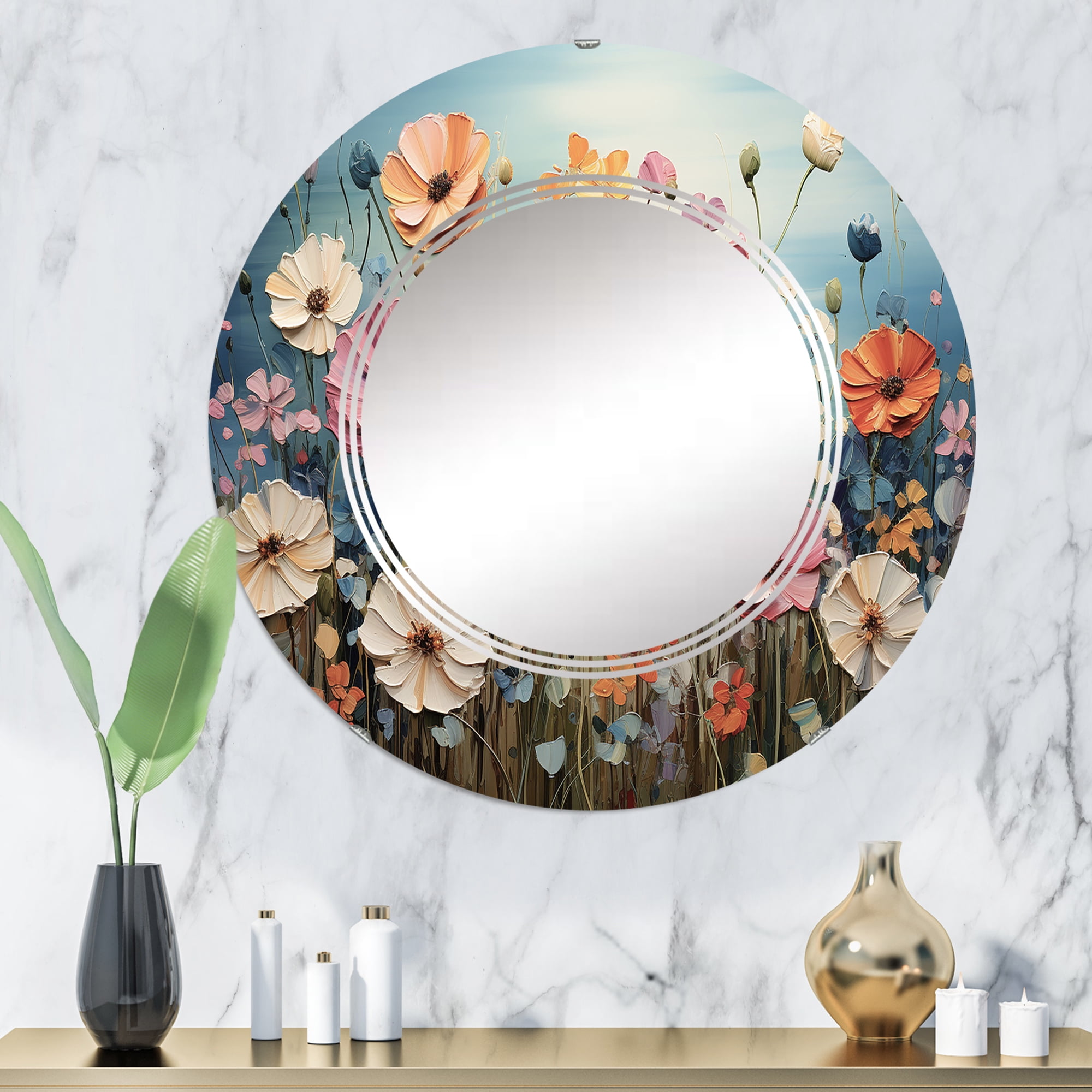Designart "Petal Dance Abstract Wildflowers" Floral Round Wall Mirror ...