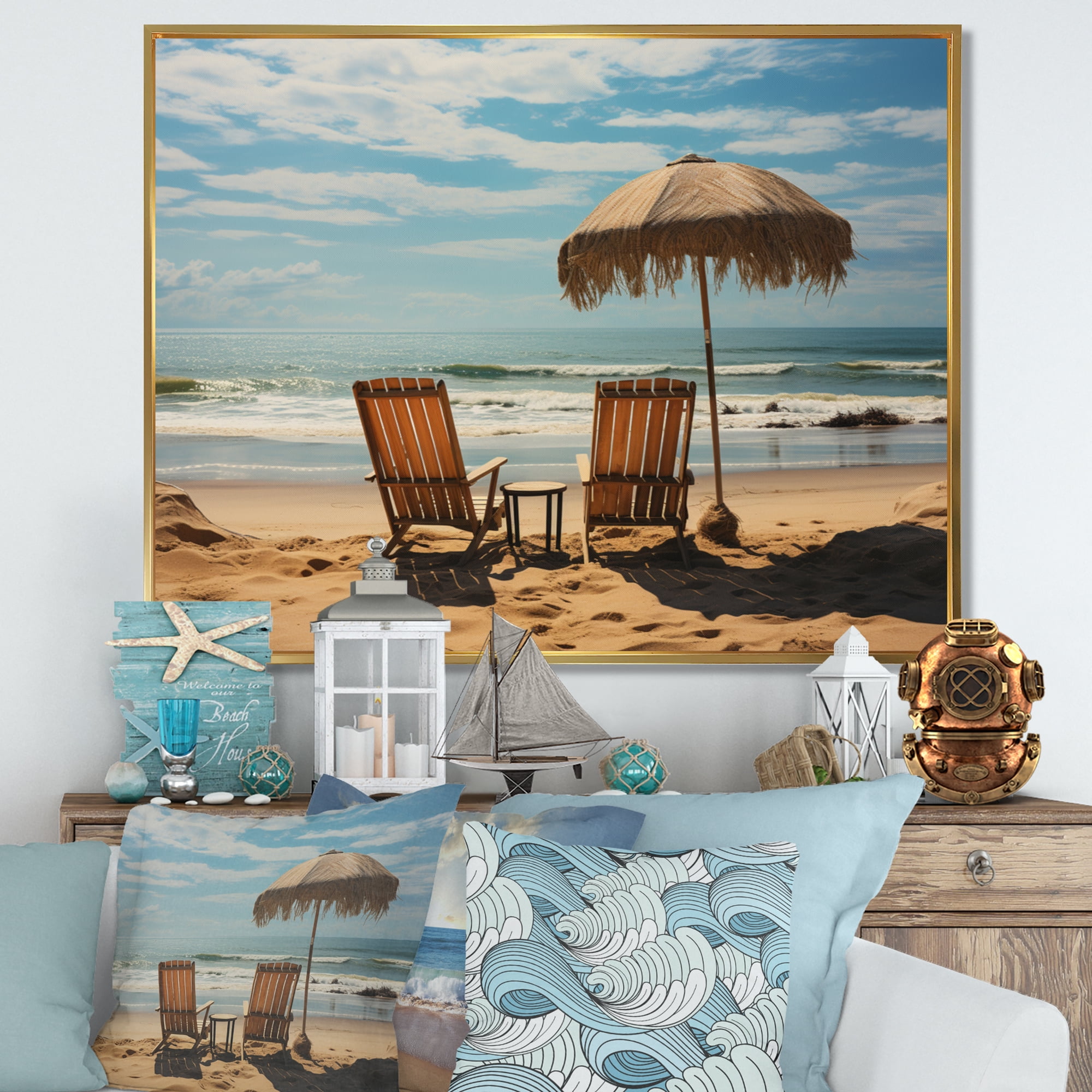 Designart "Photographed Beach Chairs I" Nautical & Beach Floater Framed ...