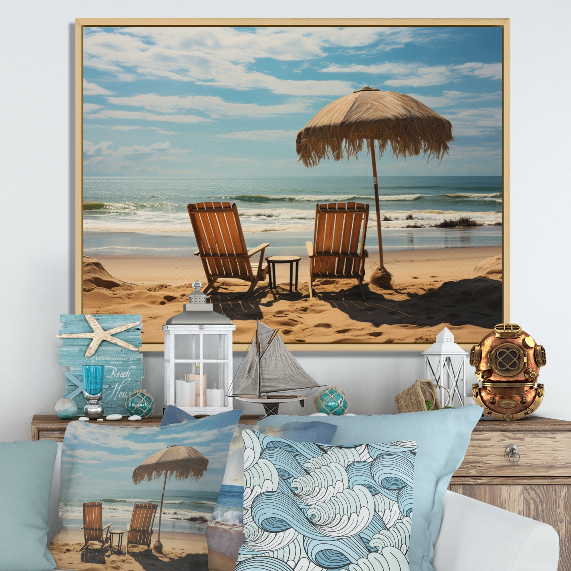 Designart "Photographed Beach Chairs I" Nautical & Beach Floater Framed ...
