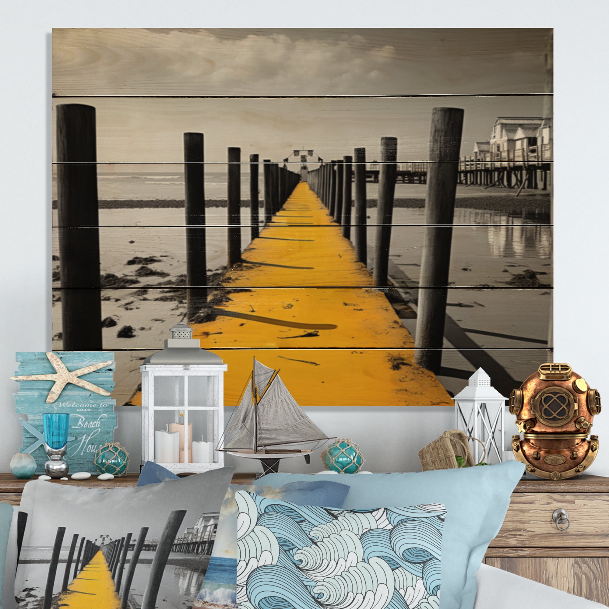 Designart "Pier Perspective Yellow and Grey Beach I" Nautical & Beach ...
