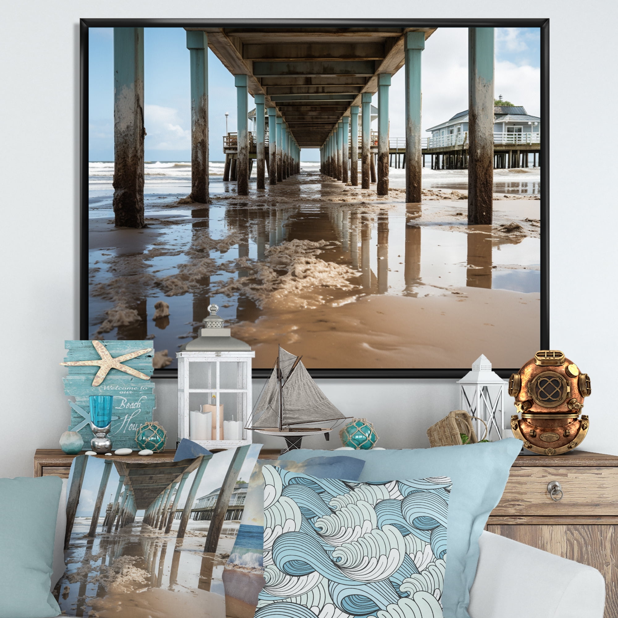 Designart "Pier modern Pier An I" Coastal Pier Floater Framed Wall ...