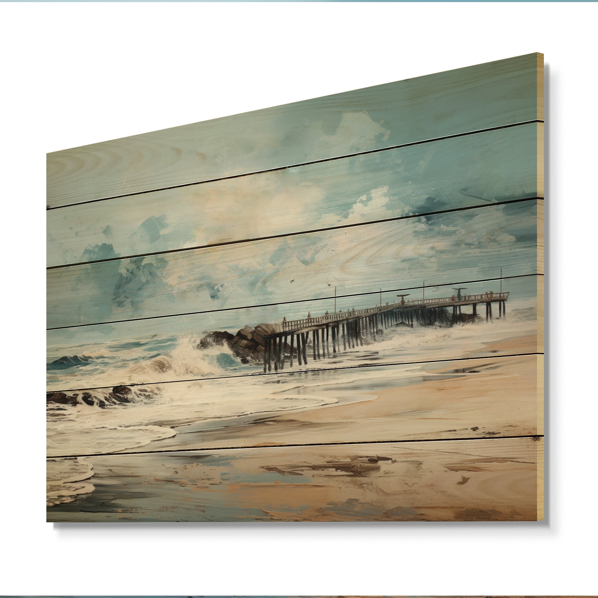 Designart "Pier modern Pier An III" Coastal Pier Print on Natural Pine ...