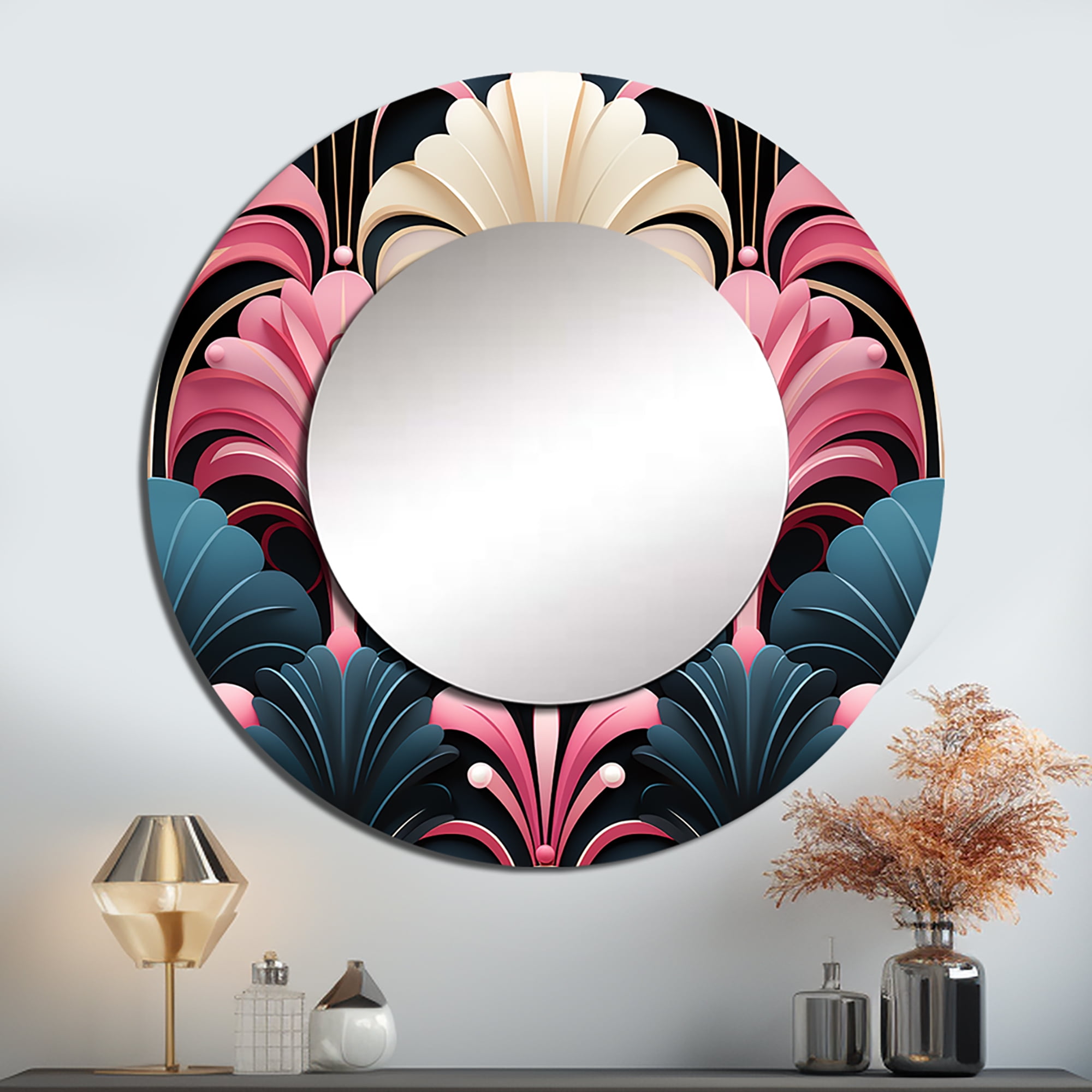 Designart "Pink & Blue Art Deco Elegance" Damask Pink Large Round ...