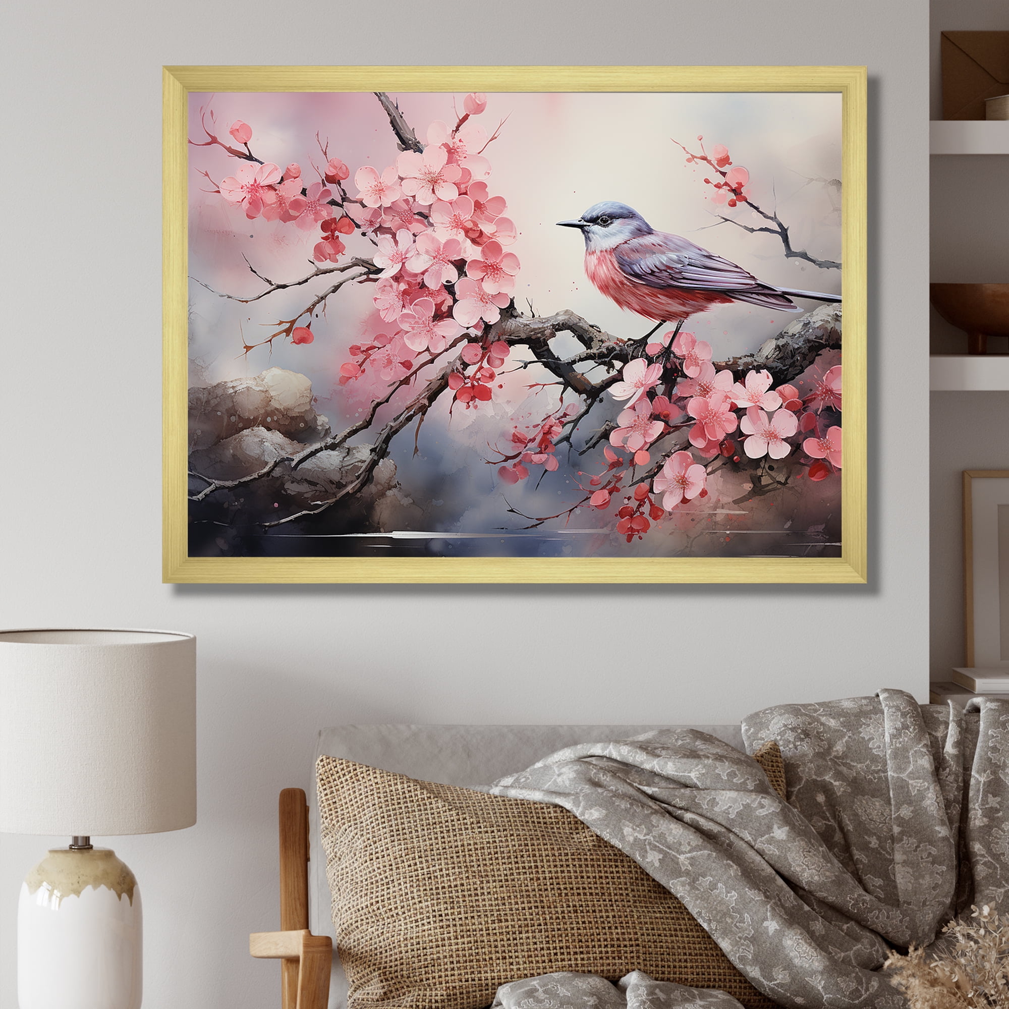 Designart "Pink and Blue Birds Perched on Cherry Blossom Tree III ...