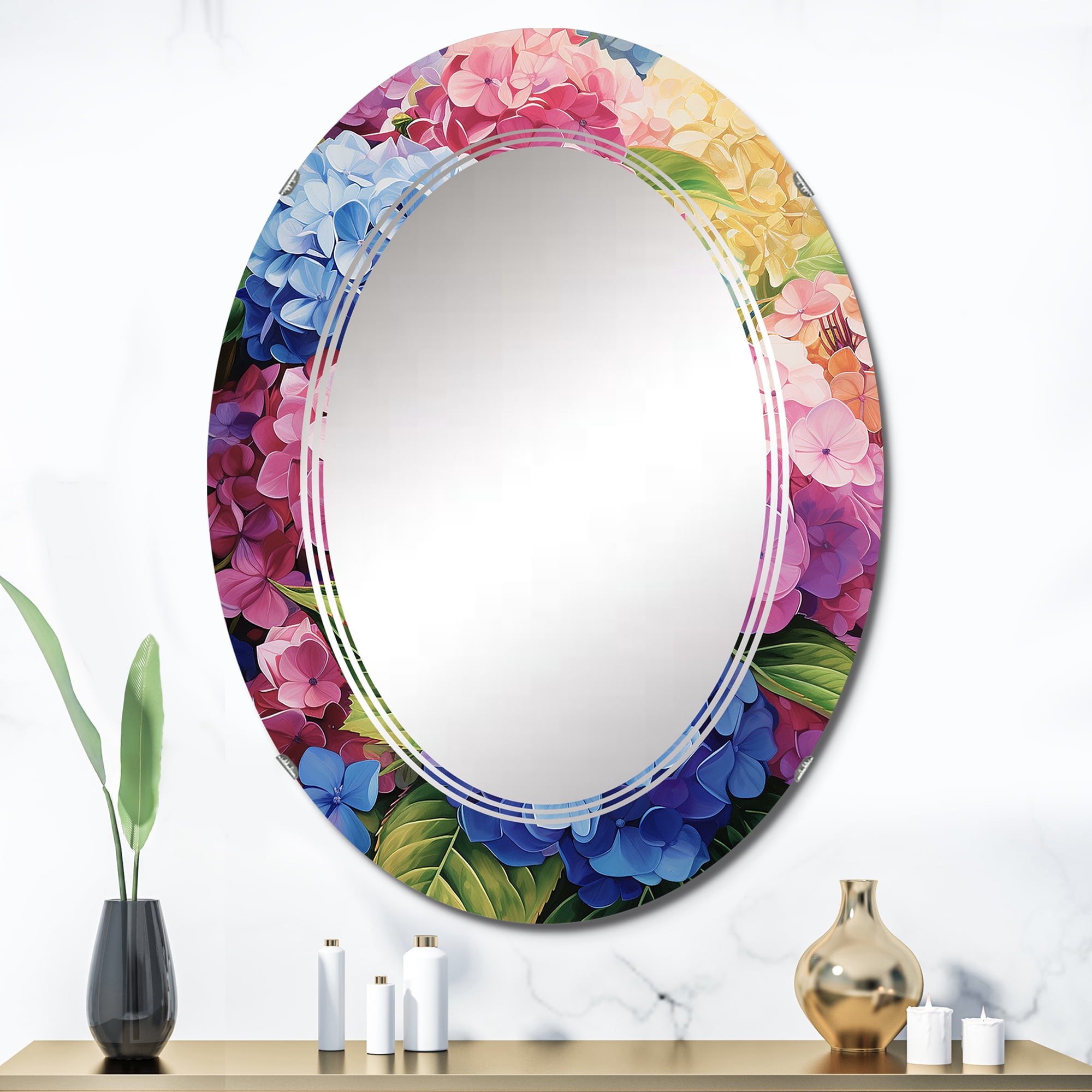 Designart "Pink Blue Hydrangea Garden Euphony" Floral Round Wall Mirror ...