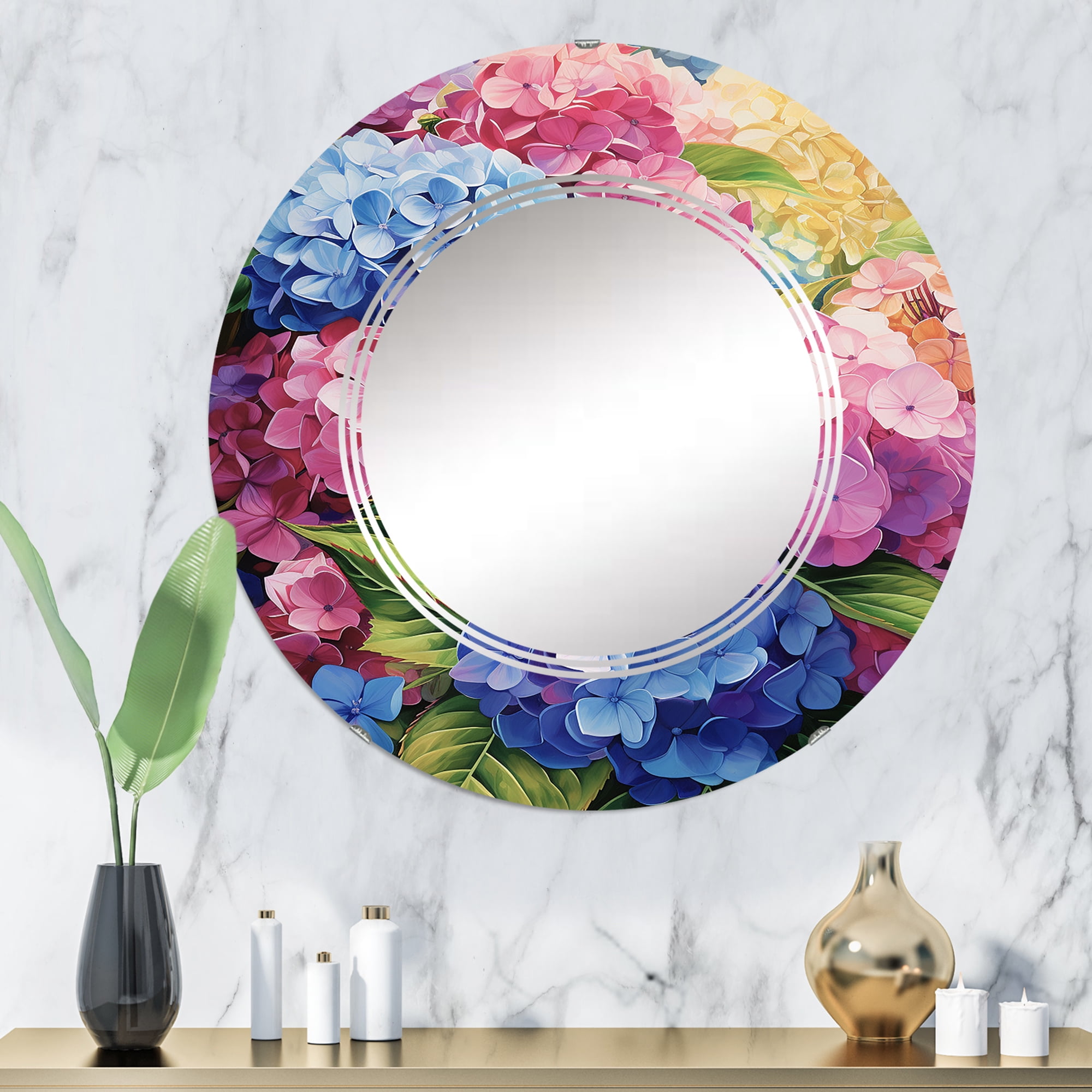 Designart "Pink Blue Hydrangea Garden Euphony" Floral Round Wall Mirror ...