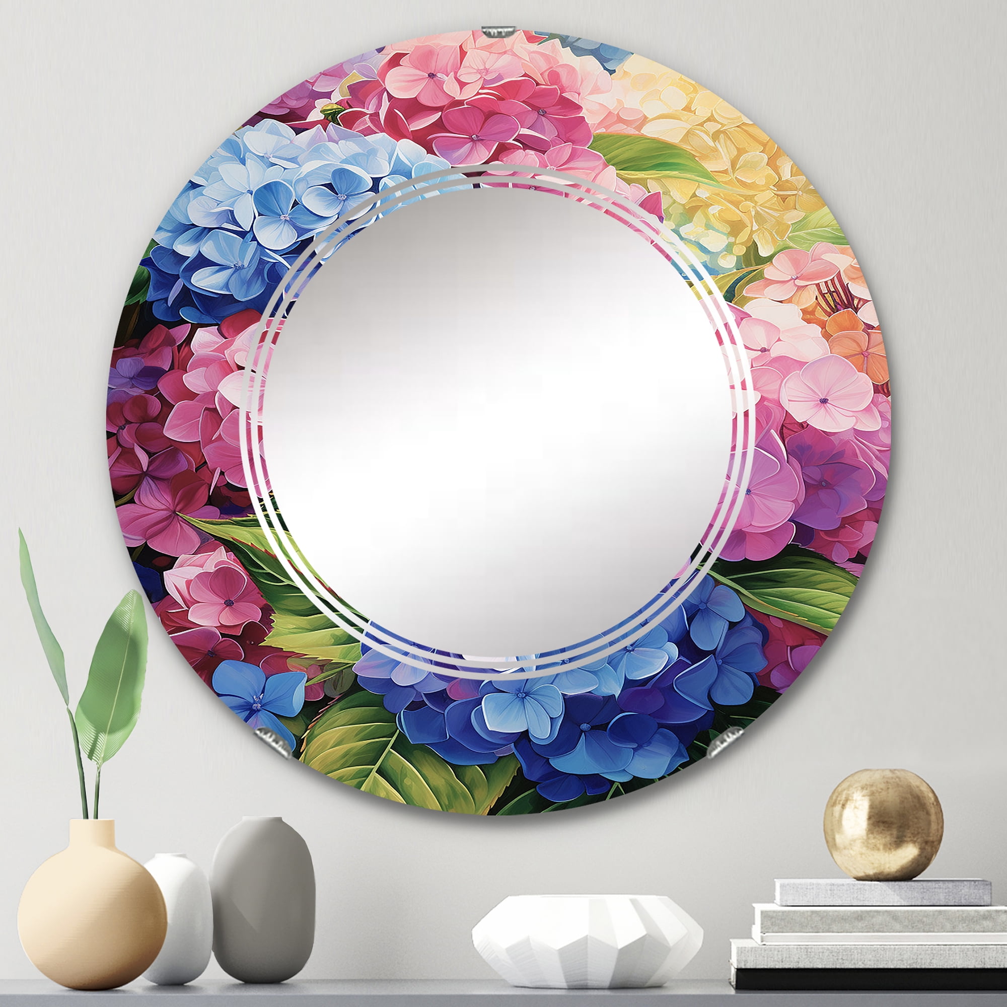 Designart "Pink Blue Hydrangea Garden Euphony" Floral Round Wall Mirror ...