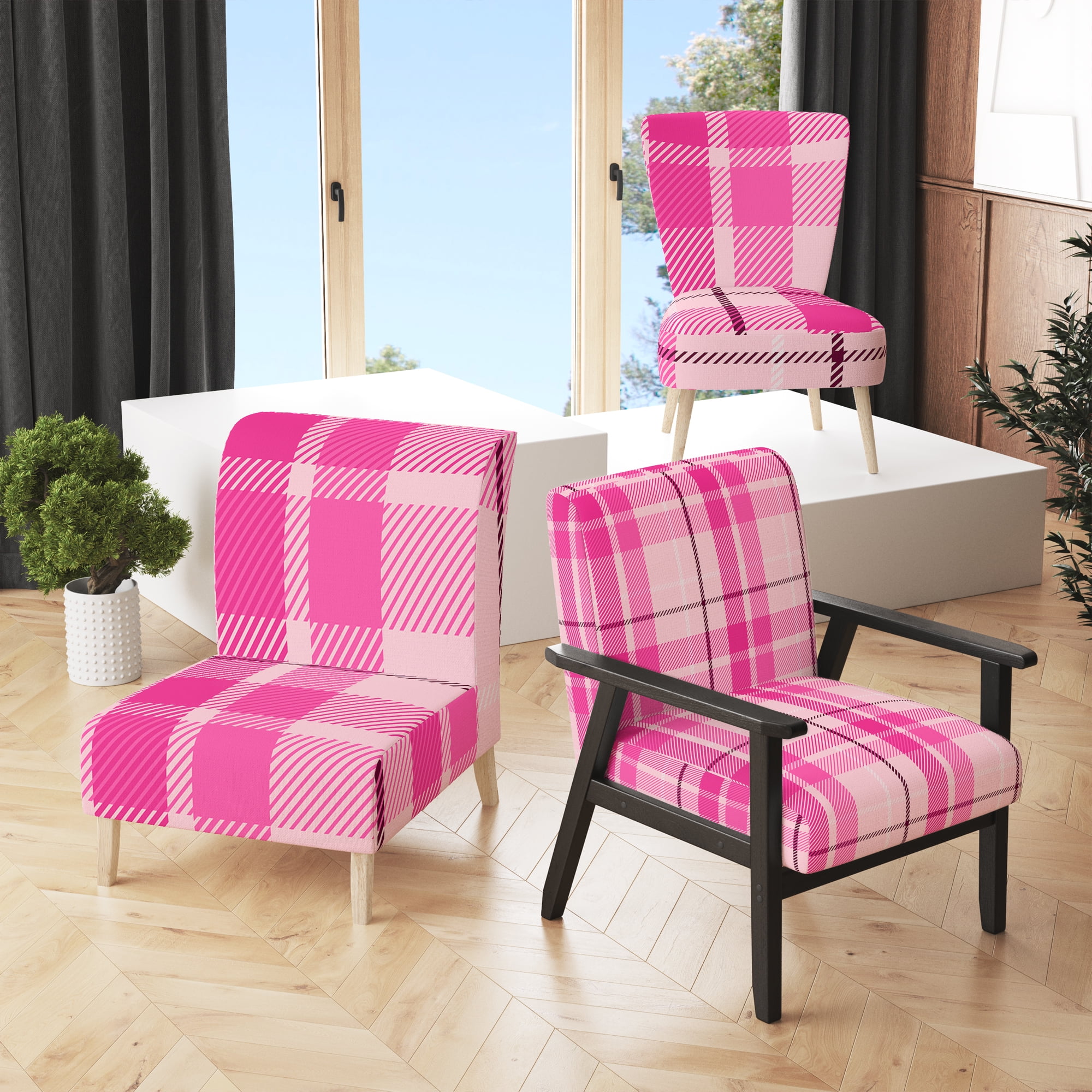 Designart "Pink Checked Tartan" Upholstered Patterned Accent Chair and ...