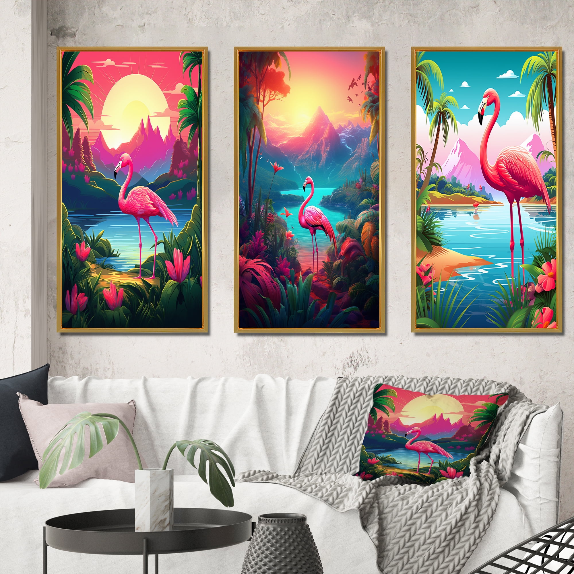 Designart "Pink Flamingo in a Tropical Landscape III" Animals Flamingo ...