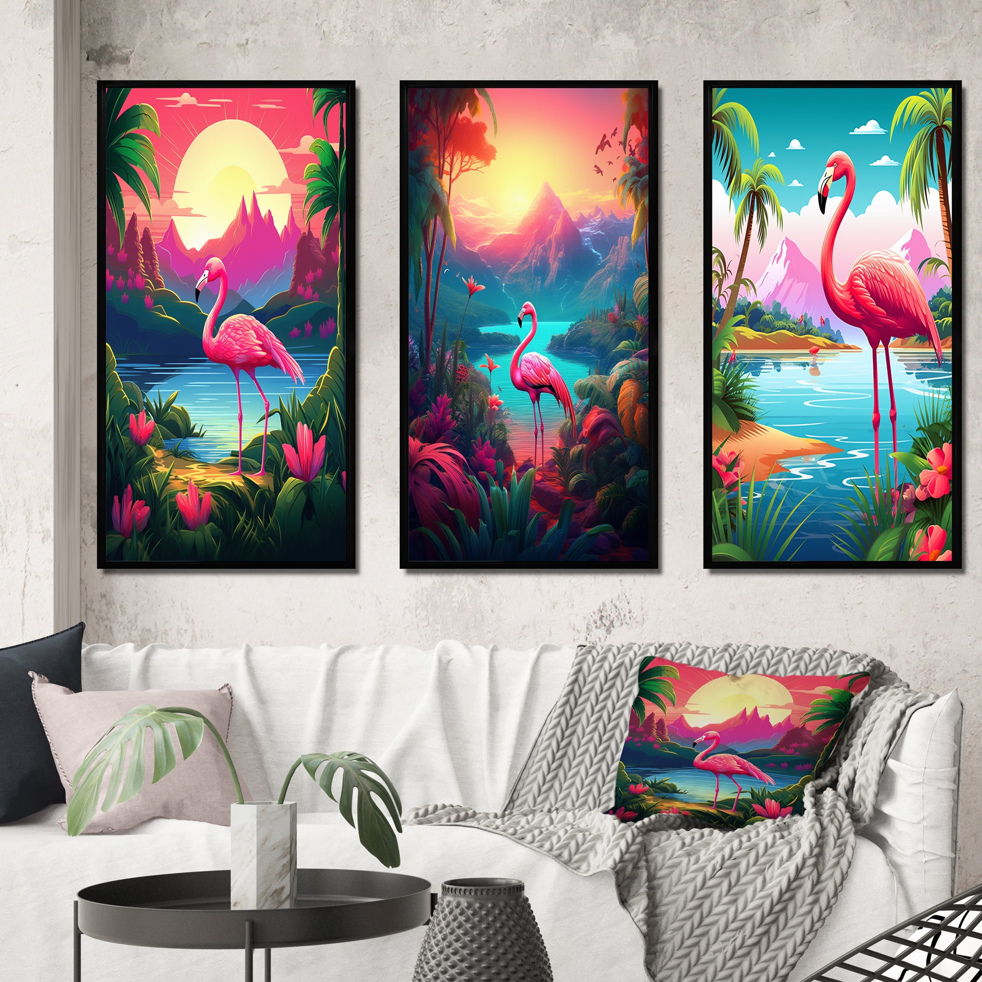 Designart "Pink Flamingo in a Tropical Landscape III" Animals Flamingo ...