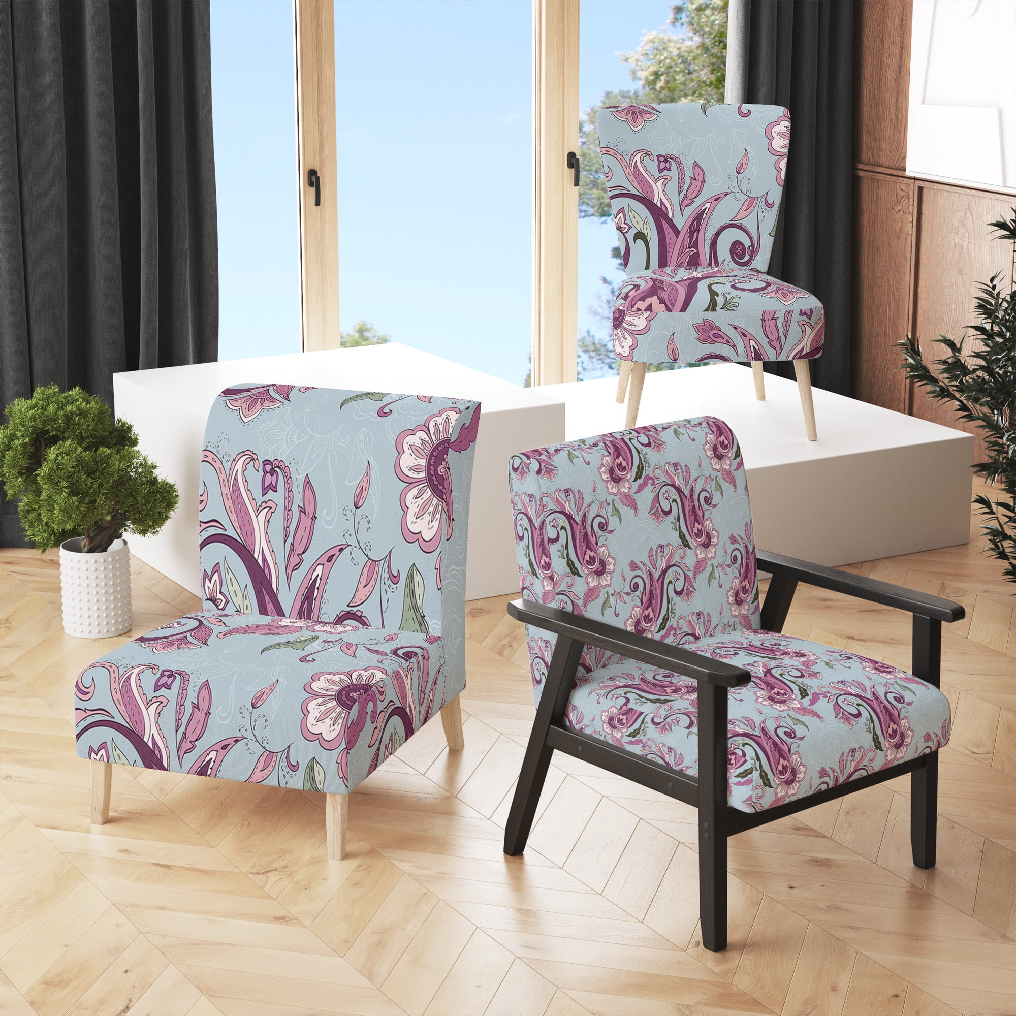 Designart "Pink Floral Paisley" Upholstered Patterned Accent Chair and ...