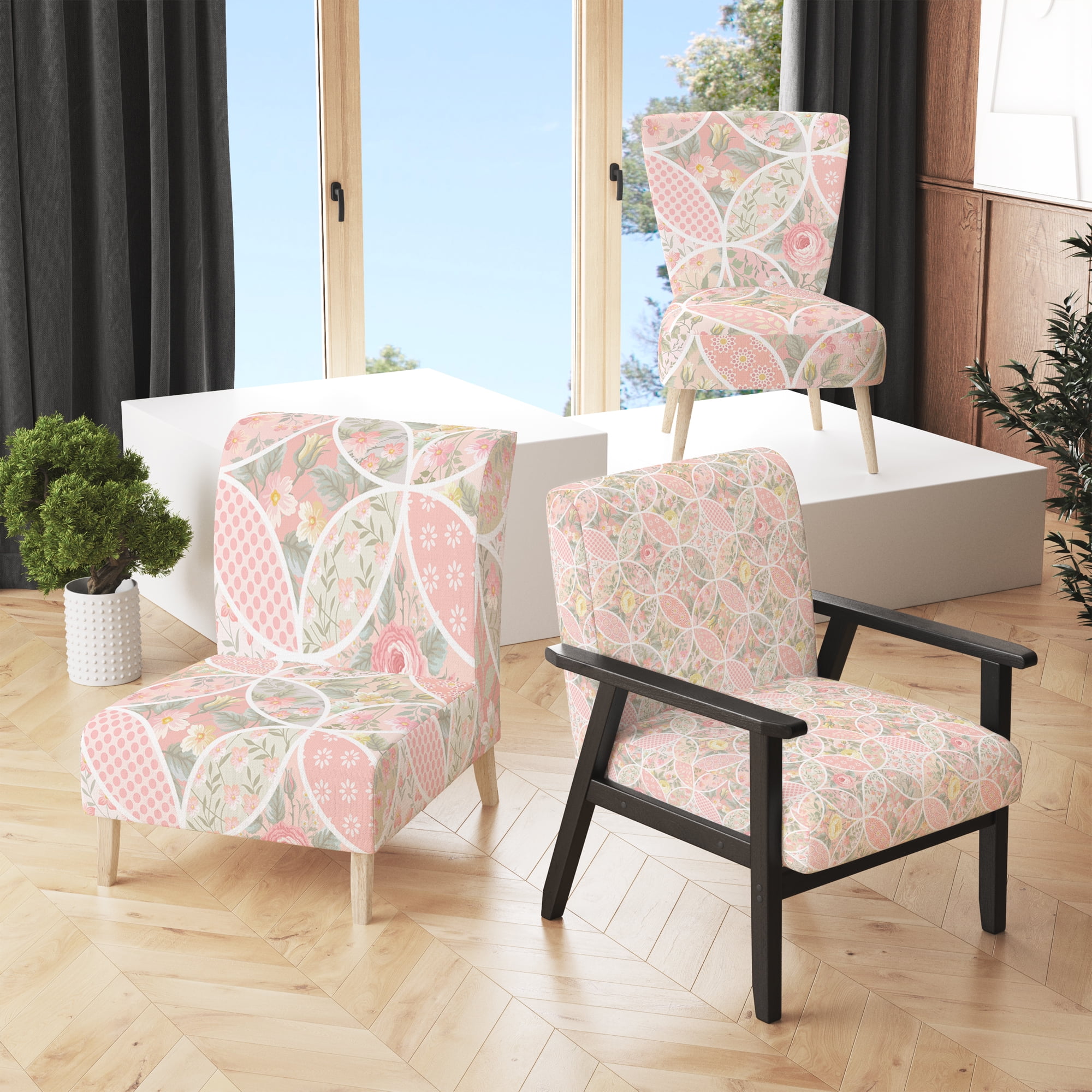 Designart "Pink Floral Patchwork" Upholstered Patterned Accent Chair ...