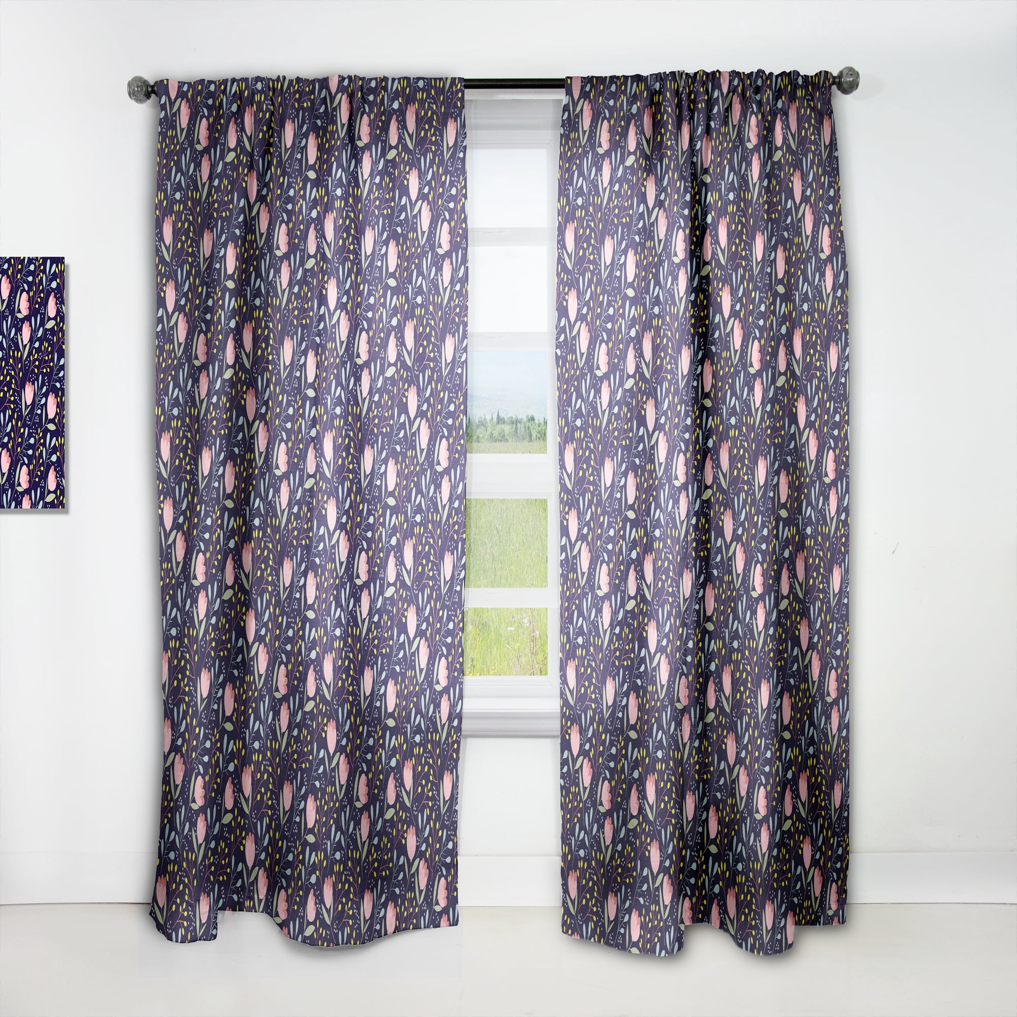 Designart 'Pink Flowers With Leaves' Mid-Century Modern Curtain Panel ...