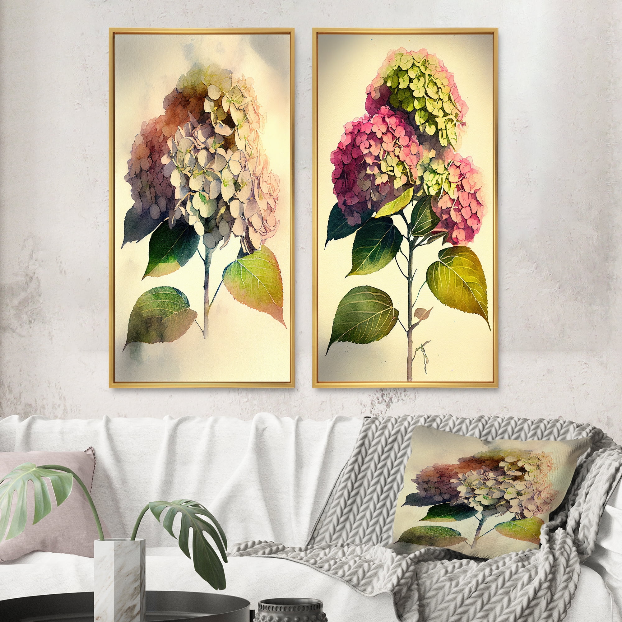 Designart "Pink Hydrangea Blooming I" Floral Framed Wall Art Set Of 2 ...