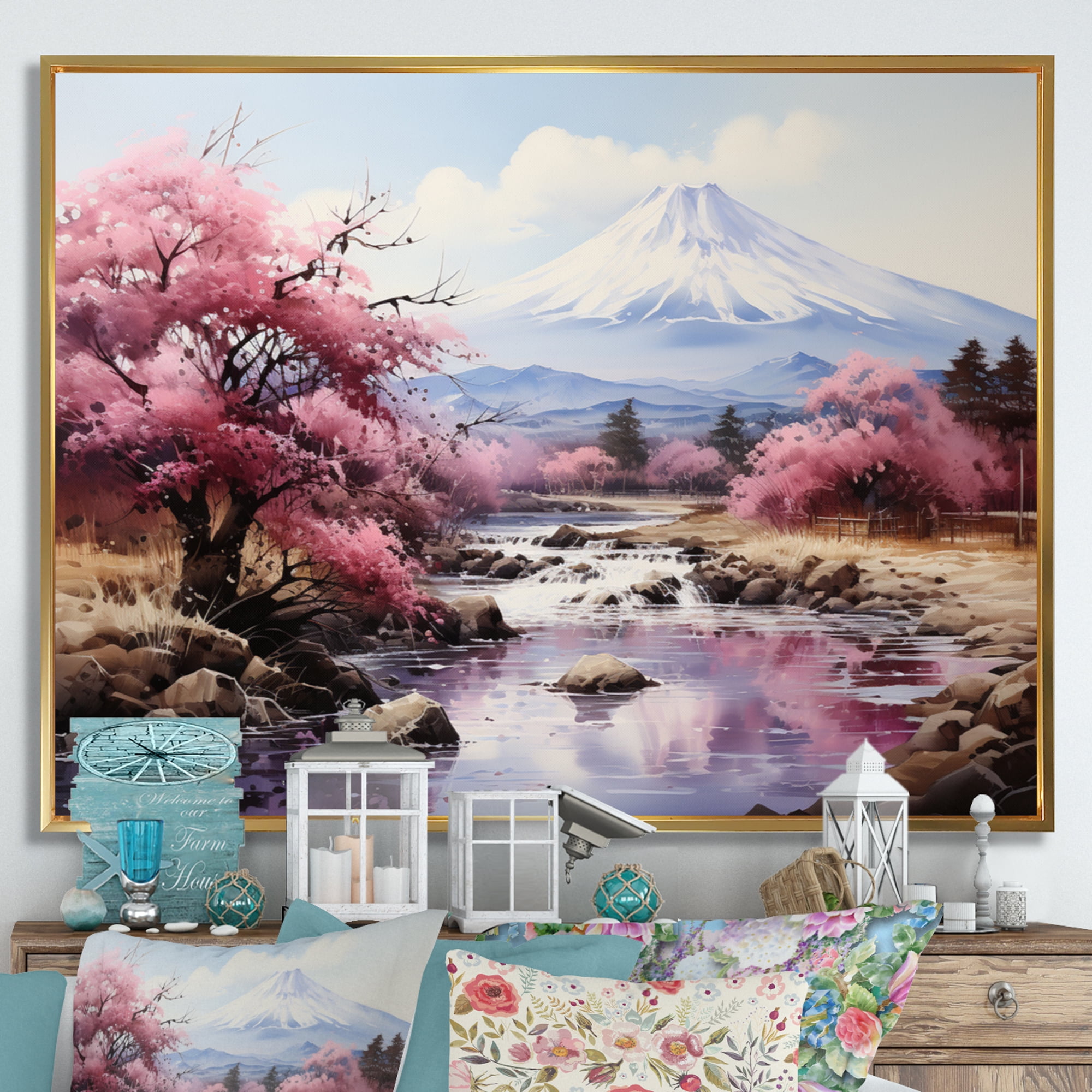 Designart "Pink Mount Fuji Japanese Icon in Art III" Japanese Floater ...